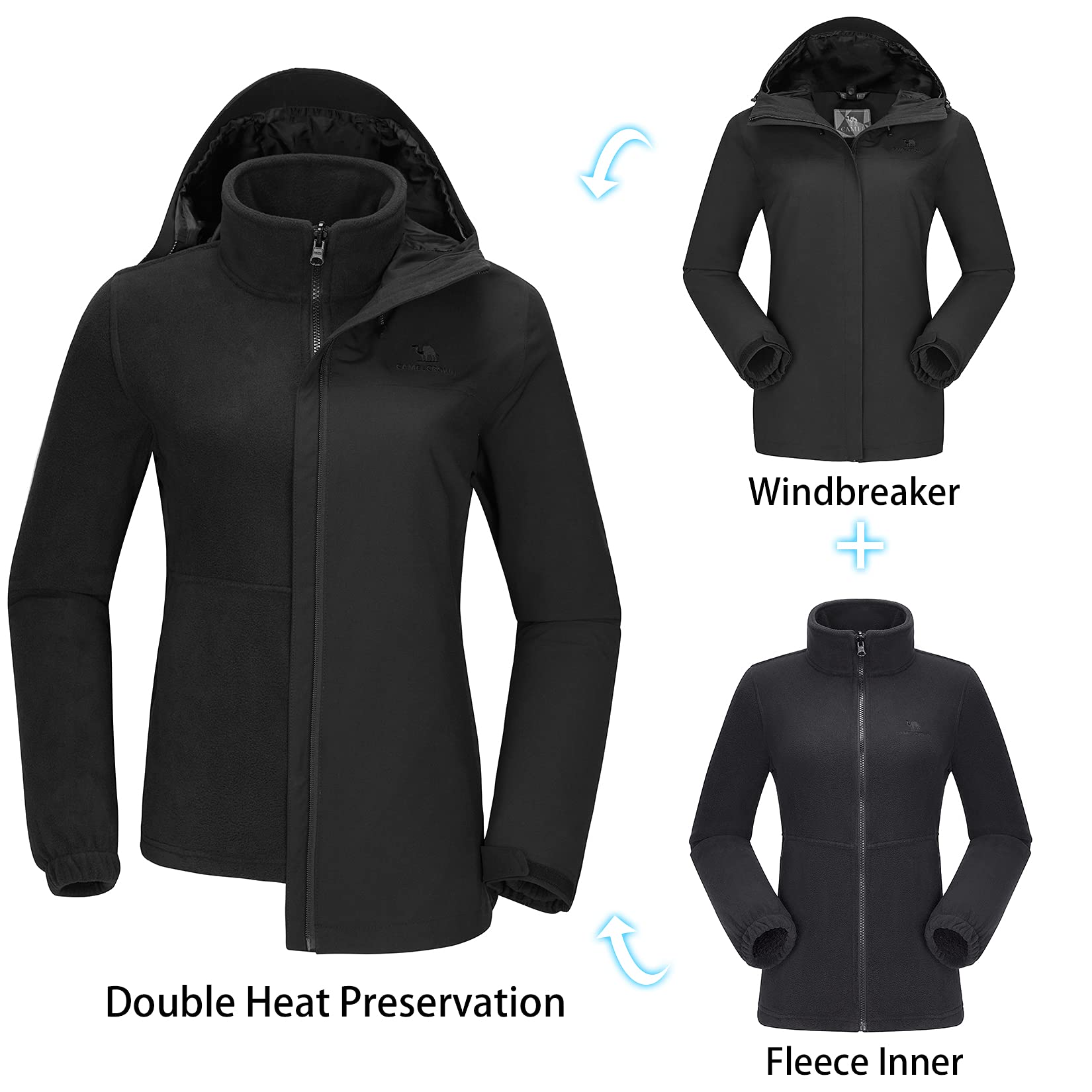 CAMEL CROWN Women's Ski Jacket 3 in 1 Snow Winter Coats Waterproof Windproof Fleece Hooded Jackets Mountain Snowboard Parka
