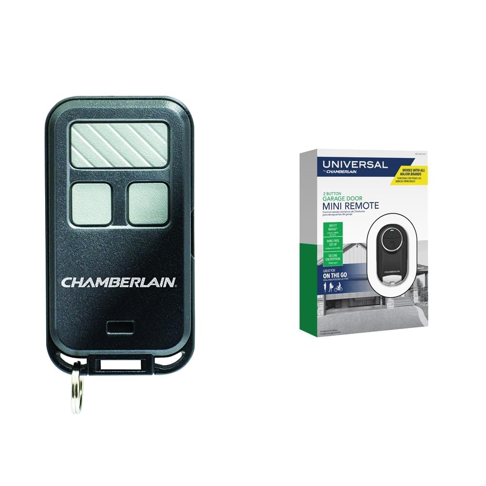 Chamberlain 956EV 3-Button Garage Keychain Remote Control, 1 Pack & MC100-P2 Universal Mini Garage Door Remote, Plain