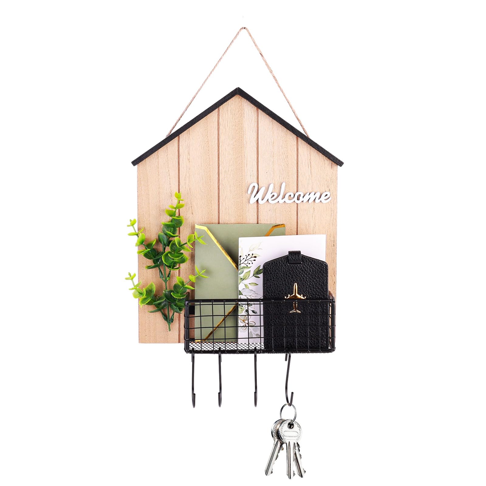 LORDLDS Key Holder for Wall Decorative, Farmhouse Mail Organizer Wall Mounted with 4 Removable S-Hooks for Entryway, Hallway, Kitchen, Living Room, Office (Eucalyptus)