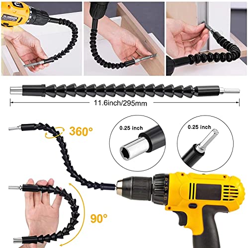 Flexible Drill Bit Extension Set, 105° Right Angle Drill Attachment, 1/4 3/8 1/2In Hex Shank Impact Driver Socket Adapter Rotatable Socket, Bendable Drill Bit Extension Screwdriver Bit