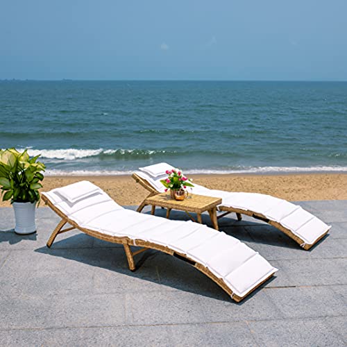 SAFAVIEH Outdoor Collection Carew Natural/White Cushion 3-Piece Chaise Lounge Chair Set with Table (PAT7720D)