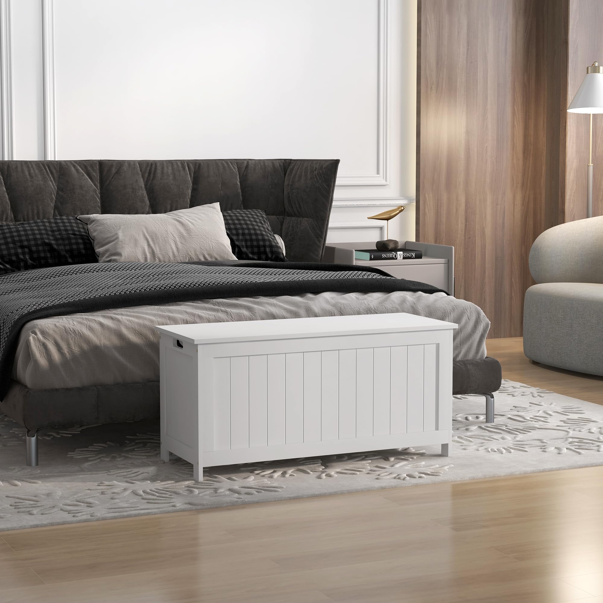 HOMCOM Storage Chest, Wooden Box with 2 Safety Hinges and Cut-out Handles, Modern Storage Trunk for Living Room, Entryway, 39.4" x 15.7" x 18.9", White