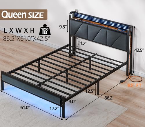 Furnulem Queen Size Bed Frame with LED Lights,Upholstered Storage Headboard with Charging Station and USB Port, Platform Bedframe Queen No Box Spring Needed, Noise Free