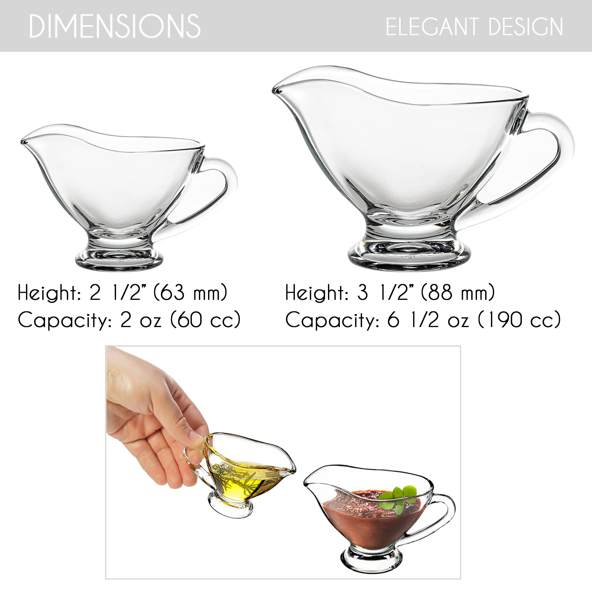 Crystalia Gravy Boat Saucer Set Clear Glass, Large and Small Condiment Appetizer Serving Bowl with Easy Grip Handle, Lead-Free Premium Clear Glass Set of 2