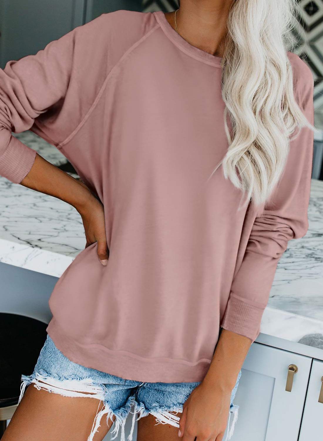 Canikat Womens Autumn Ladies Loose Fit Crewneck Ribbed Raglan Long Sleeve Casual Solid Tops Blouses Fashion T-Shirts Thin Pullovers Sweatshirt Pink M