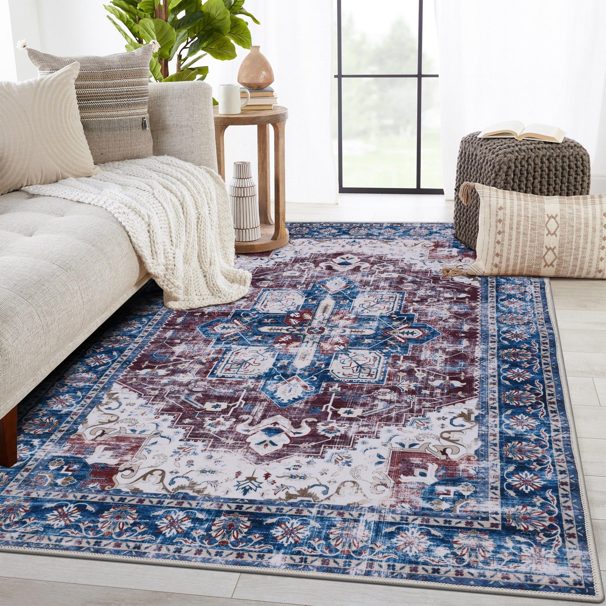 Topotdor Washable Rugs 6x9 Vintage Area Rugs Non-Slip Area Rugs Low Pile Floor Carpet Printed Soft Durable Stain Resistant Foldable Rugs Living Room Dining Room Bedroom,Burgundy
