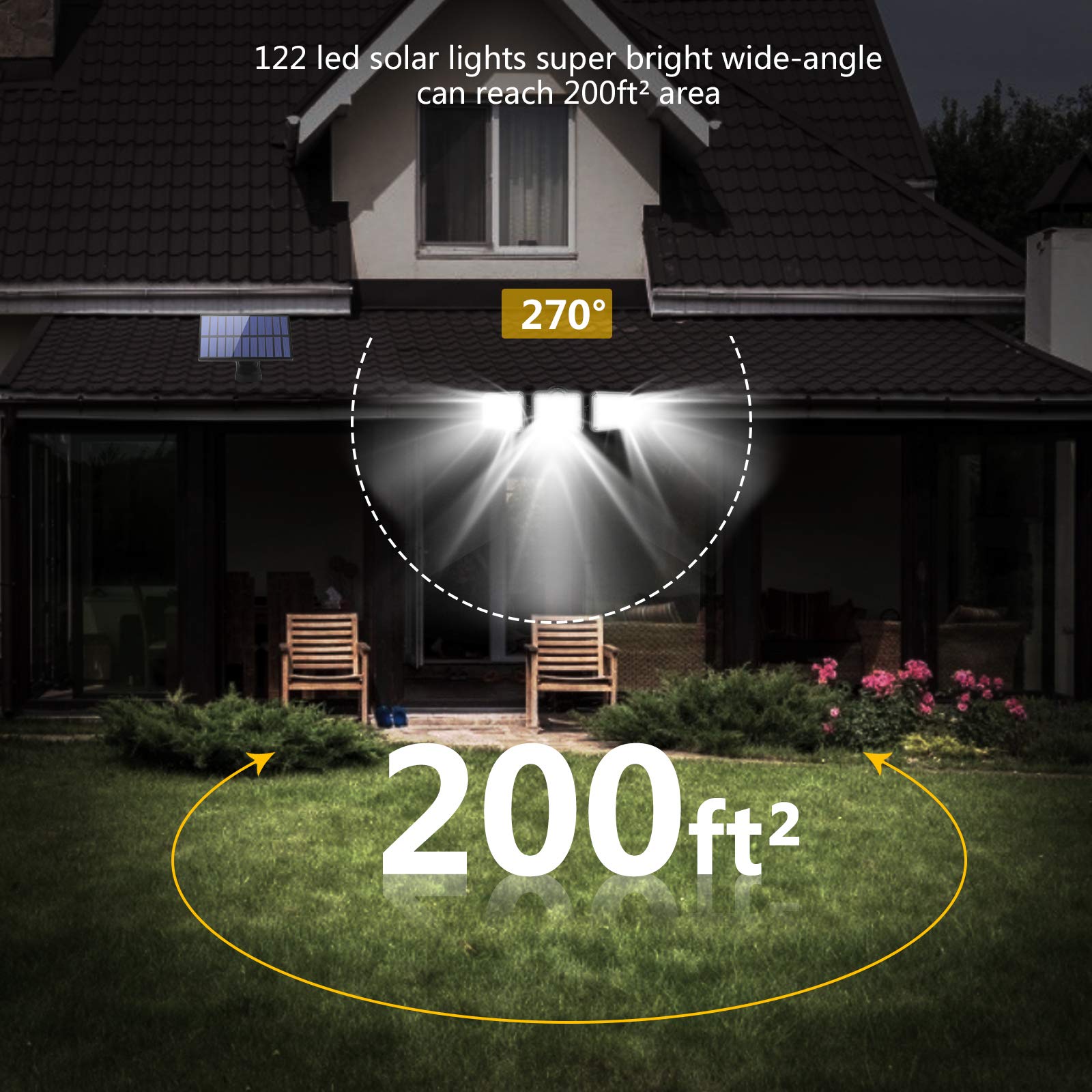Solar Lights Outdoor Indoor - LED Solar Motion Sensor Lights 3 Adjustable Heads 270° Wide Angle: Security Flood Light IP65 Waterproof Solar Powered Wall Lights with Remote Control & 16.5 ft Cables