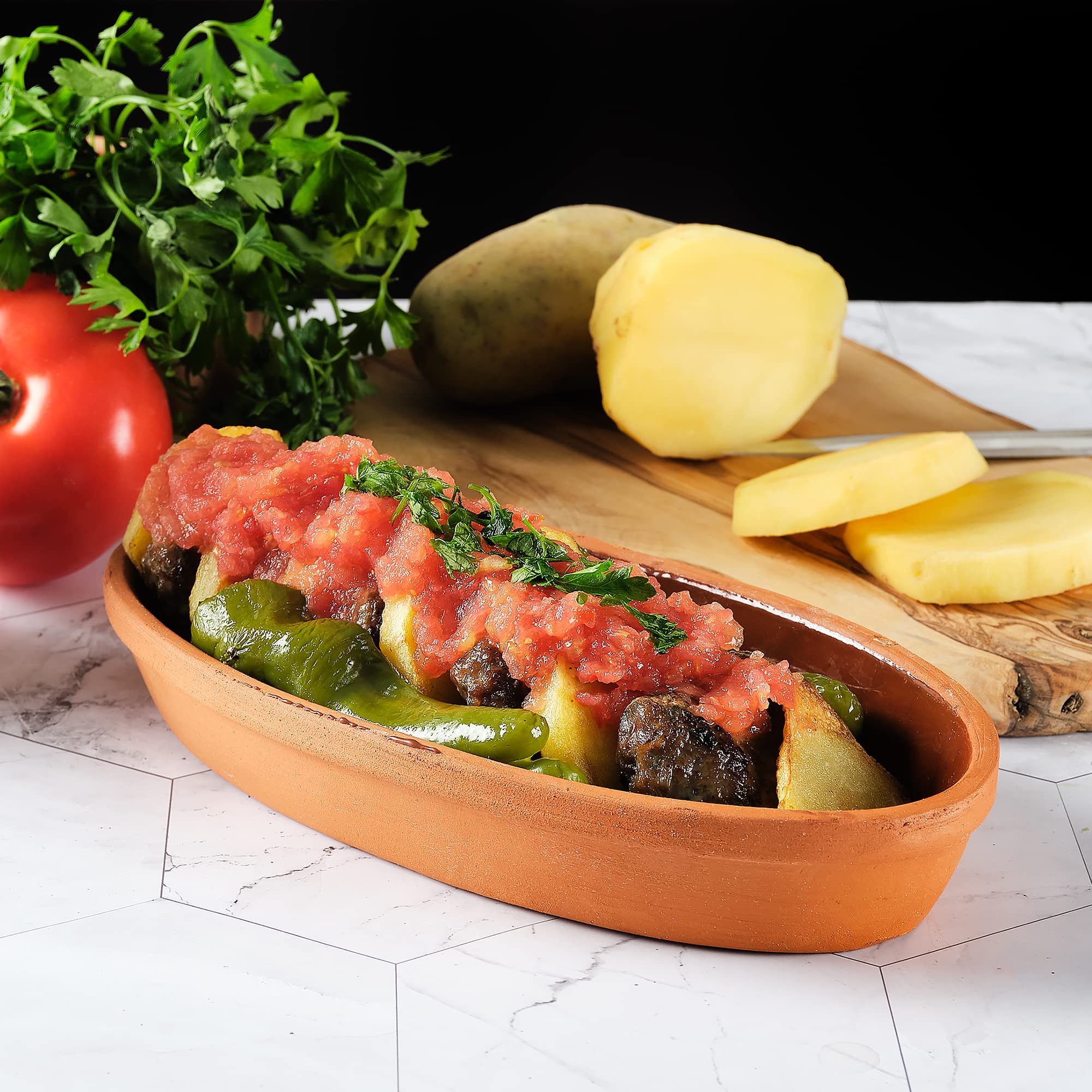 CRYSTALIA Handmade Clay Cooking Pan, Roaster Natural Ceramic Pan for Sausage Fish, Turkish Terracotta Bowl, Glazed Interior Clay Food Serving Dish