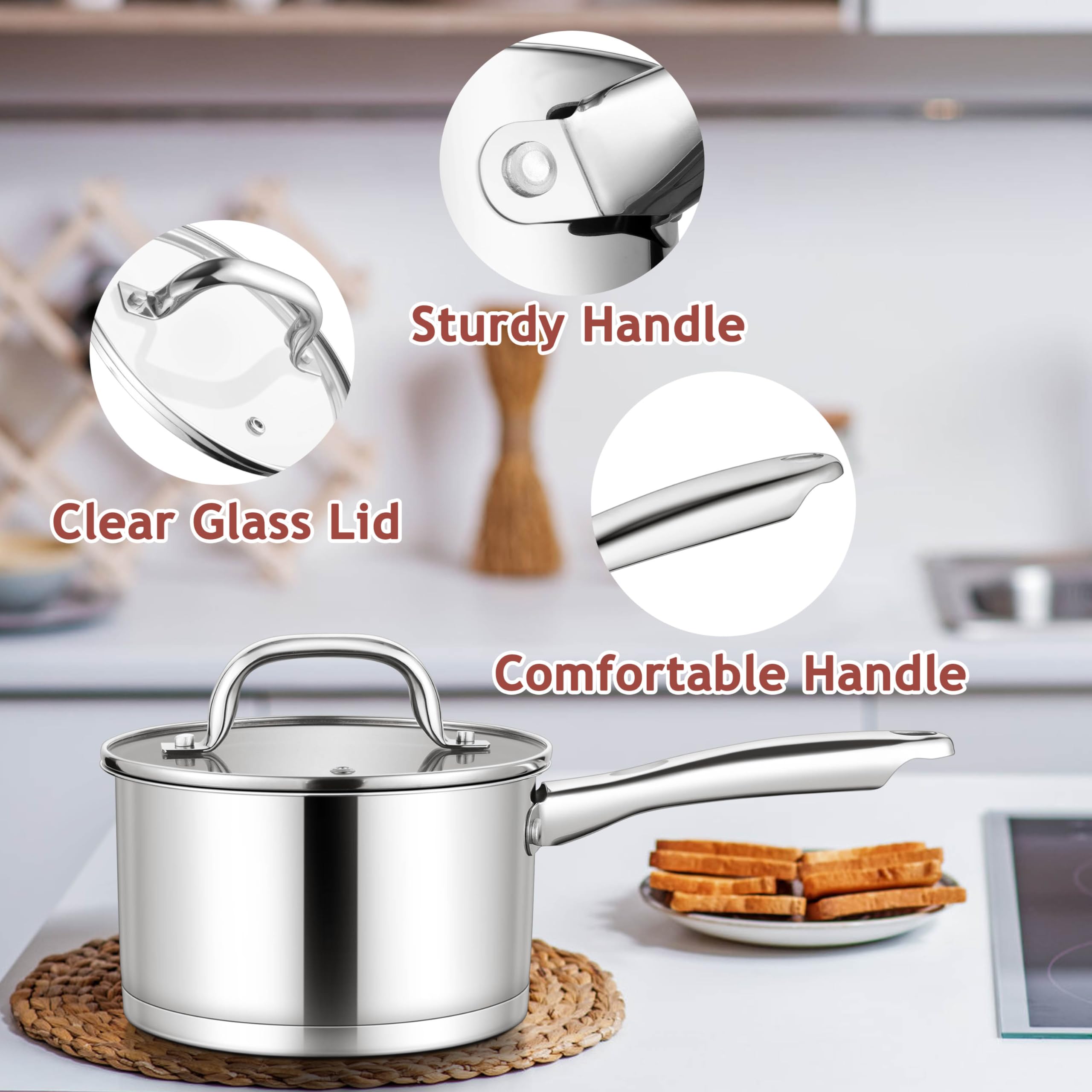 E-far Stainless Steel Saucepan with Lid, 1 Quart Small Sauce Pan Induction Pot for Cooking, Boiling, Compatible with All Stoves, Healthy & Non Toxic, Oven & Dishwasher Safe