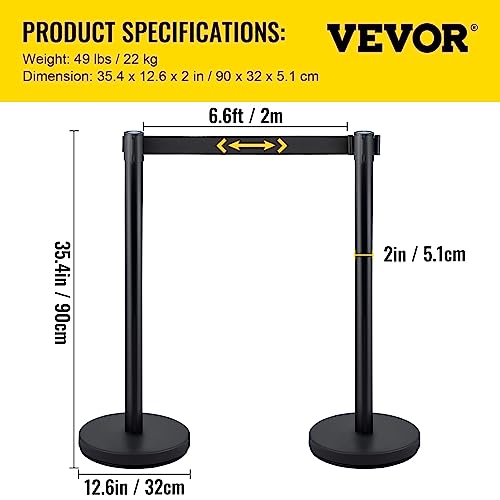 VEVOR Crowd Control Stanchion Set, Stanchion Set with 6.6 ft/2 m Black Retractable Belt, Black Crowd Control Barrier w/Concrete and Metal Base - Easy Connect Assembly (4)