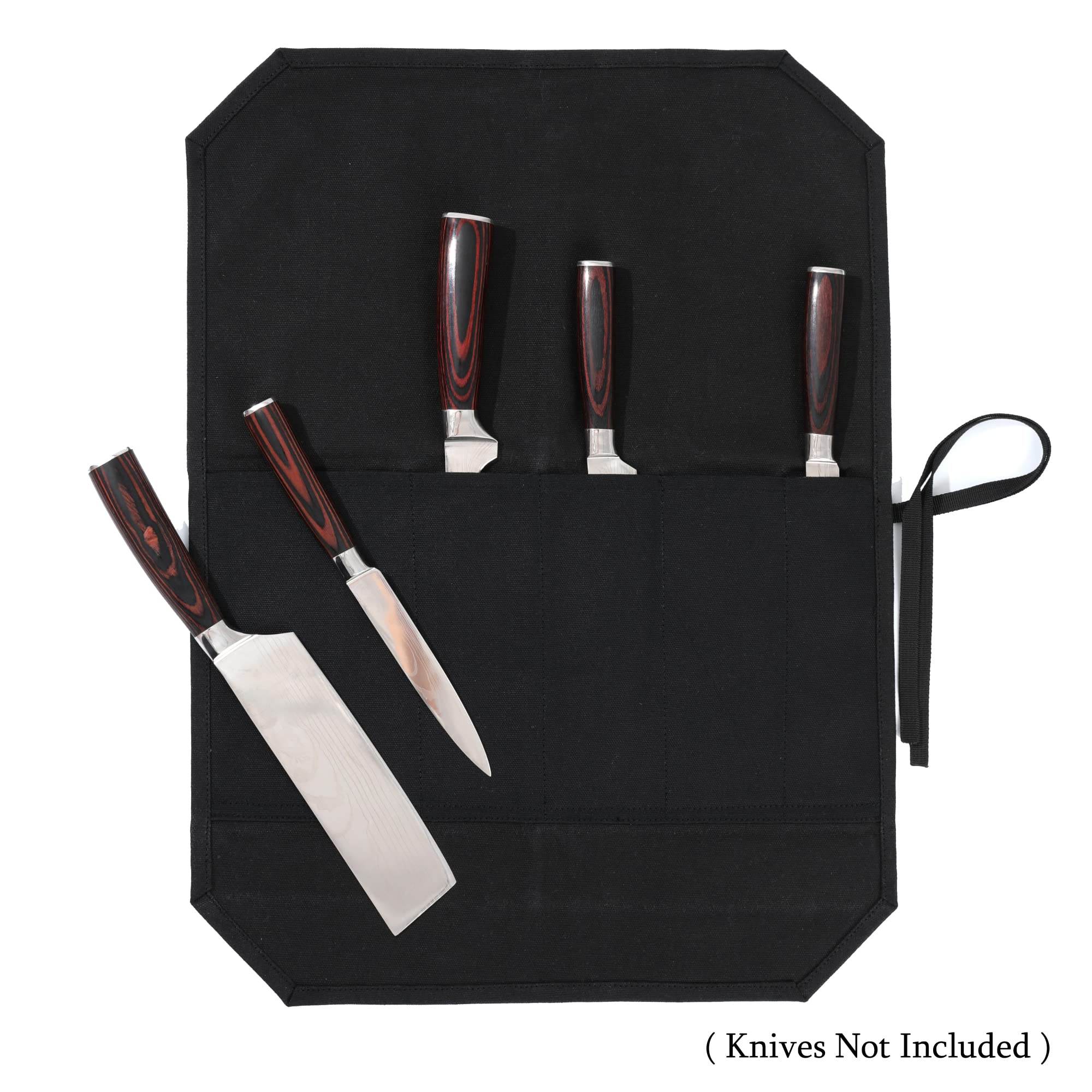 Chef Knife Roll Bag, Knife Bag with 5 Slots, Specialized Cut-Resistant Fabric Lining, Heavy Duty 16oz Waxed Canvas Knife Roll Case | Black | 21"L x 15.5"W