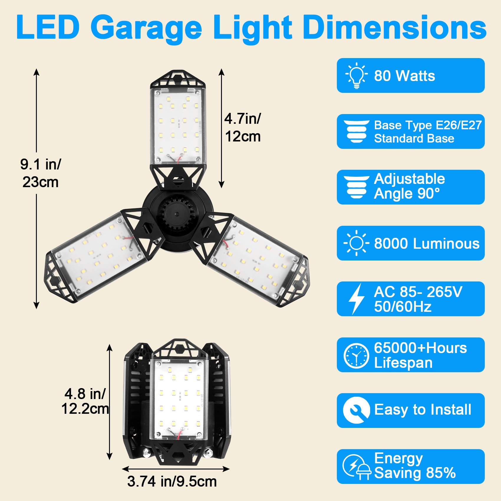 Kofarrten LED Garage Lights, 80W LED Garage Lights, Super Bright 8000LM 6500K Deformable LED Garage Ceiling Lights Shop Lights for Garage, Workshop, Basement,Warehouse (1Pack)