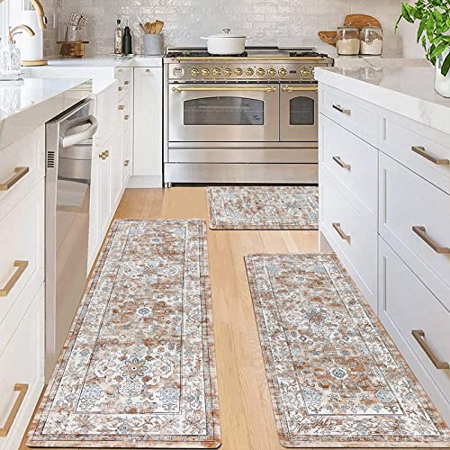 Pauwer Boho Kitchen Rugs Sets of 3 Non Slip Rubber Kitchen Mats for Floor Waterproof Kitchen Rugs and Mats Washable Farmhouse Kitchen Area Rug Floor Carpet Runner Rugs for Hallway Laundry Room