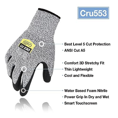 DEX FIT Level 5 Cut Resistant Gloves Cru553, 3D-Comfort Fit, Firm Grip, Thin & Lightweight, Touch-Screen Compatible, Durable, Breathable & Cool, Machine Washable; Grey L (9) 1 Pair