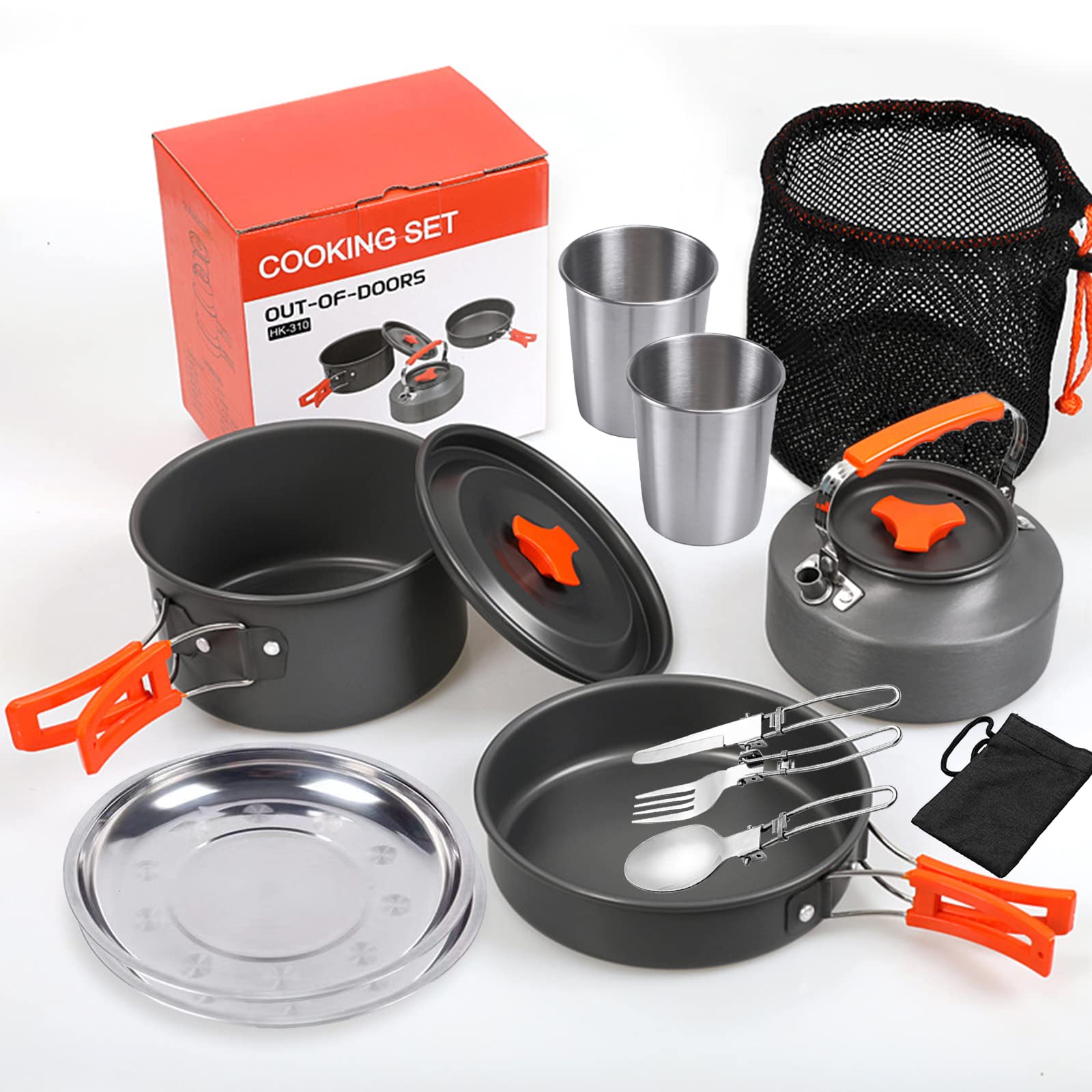 Camping Cookware Mess Kit, Camping Gear with Pot and Pans Set, Portable Aluminum Camping Cooking Set with Cup,Bowl,Picnic with Spoon Knife for Backpacking Stove Equipment