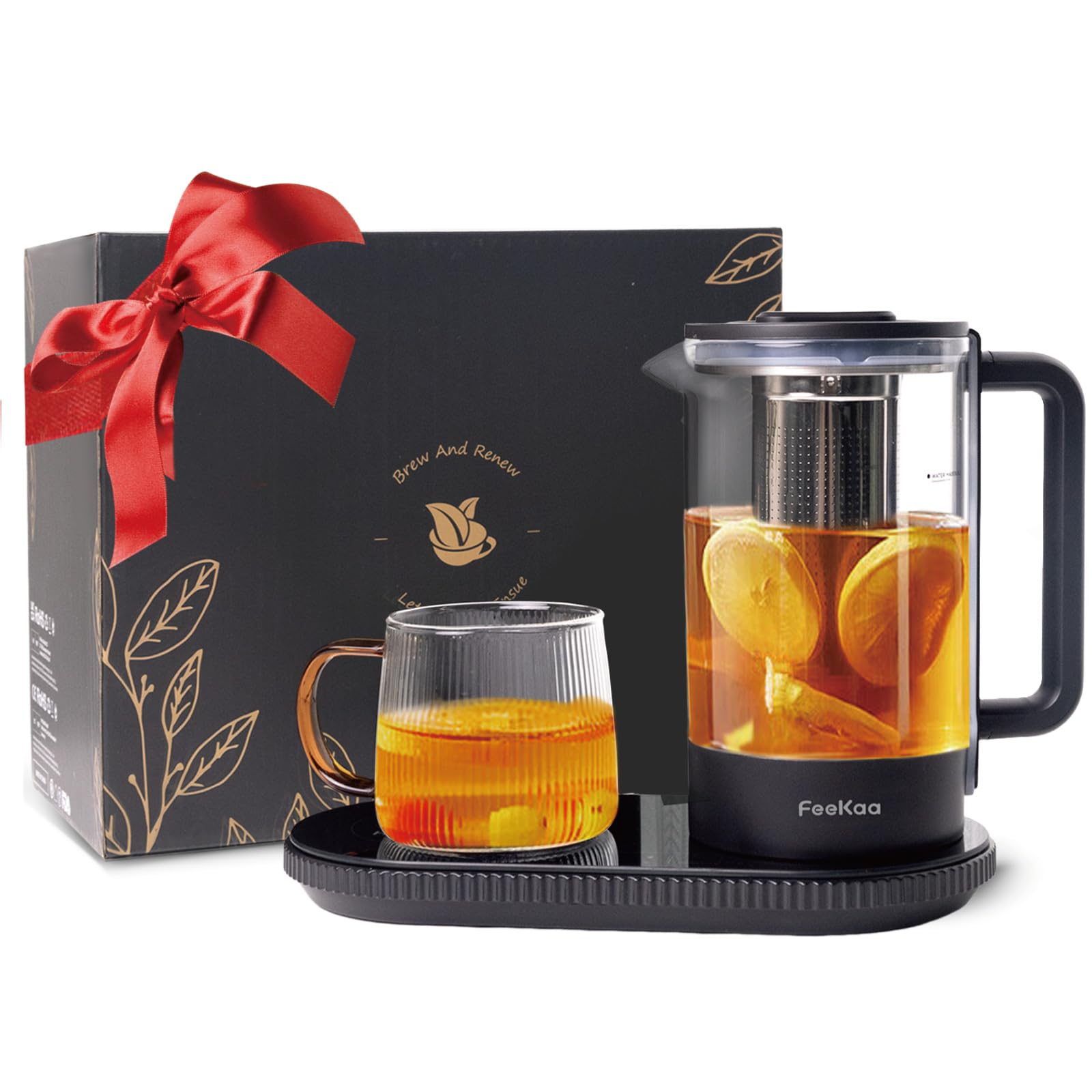 Feekaa Electric Tea Kettle with Cup Warmer, Small Glass Hot Water Boiler, Tea Kettle Set for Home and Office with Removable Stainless Steel Infuser, Auto Keep Warm, Green Tea/Coffee, BPA Free, Black