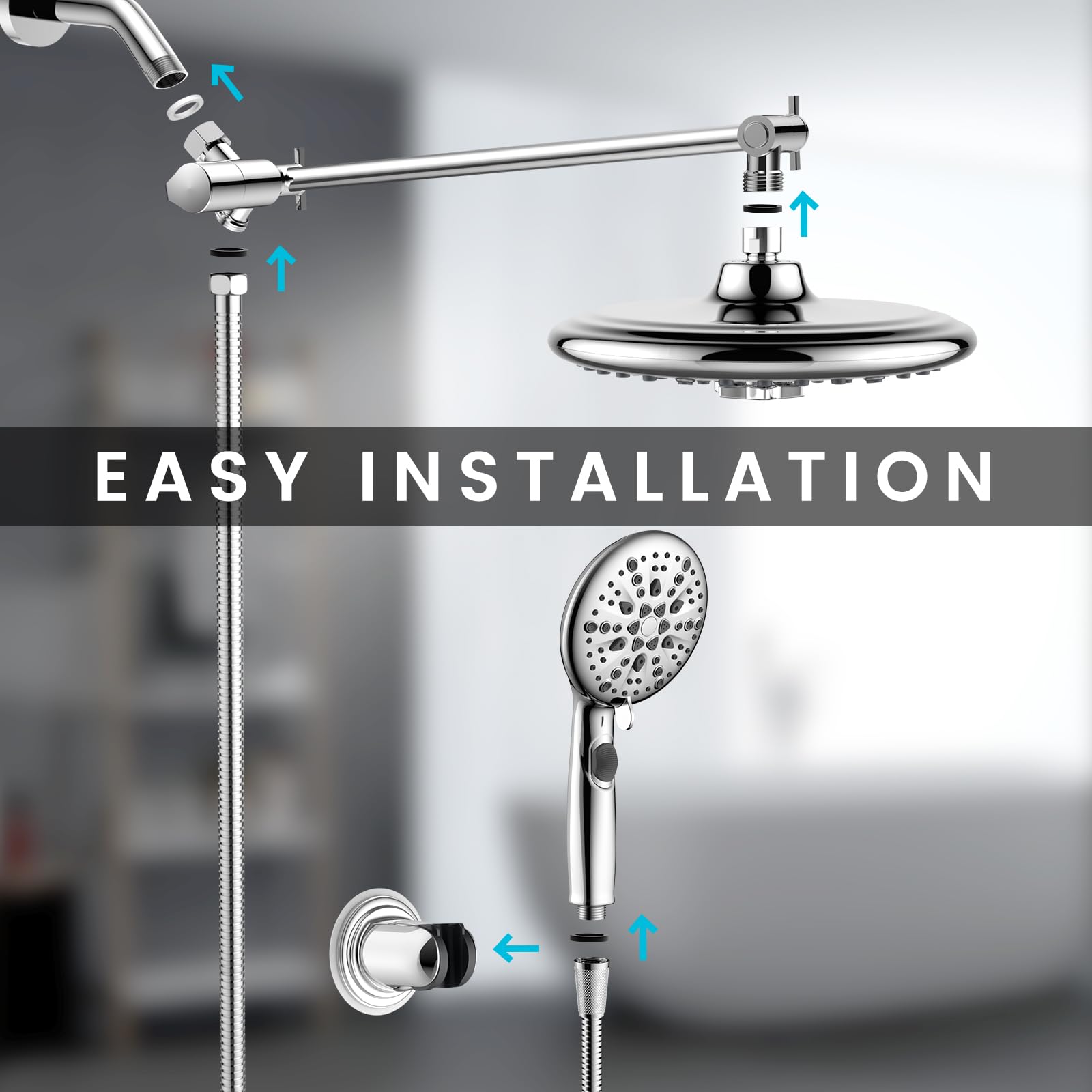 FEELSO Shower Heads with Handheld Spray Combo with ON/OFF Pause Switch, 10" High Pressure Rain 7 Settings Showerhead with 11" Adjustable Extension Arm, 9 Functions Anti-clog Handle Set with Power Wash
