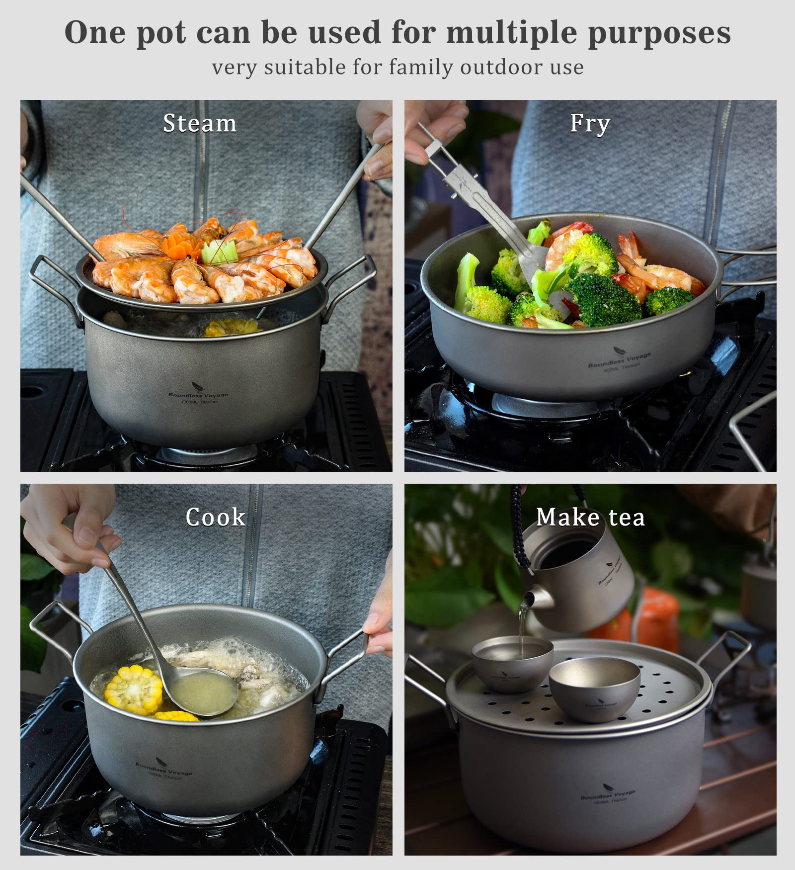 Boundless Voyage Titanium Steamer Pot Frying Pan Set with Lid Outdoor Camping Saucepan Mess Kit Multifunctional Cooking Pot Ti2057C