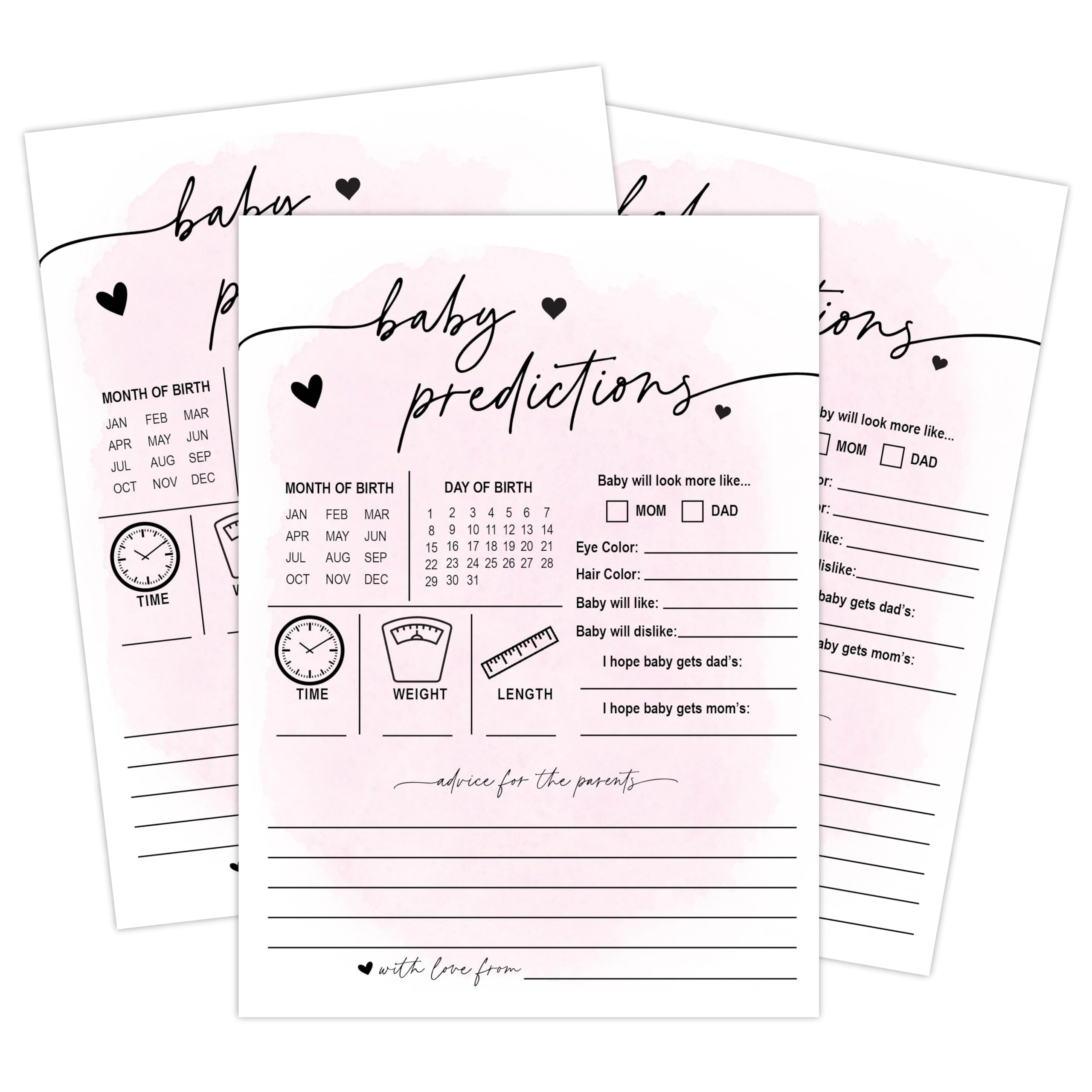 Your Main Event Prints 50 Baby Predictions Cards - Minimalist - Baby Shower Game, New Mom & Dad Card, New Parent Message Advice Book, Fun Party (Pink)