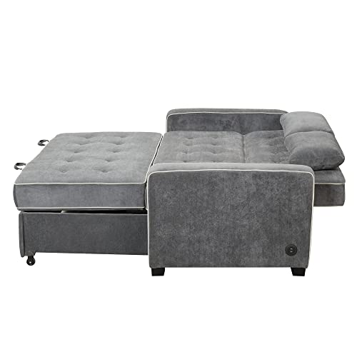 ERYE 3 in 1 Oversized Upholstered Loveseat Convertible Full Size Sleeper Sofa Bed W/ 2 Pillows,Modern Love Seat with Pull Out Couch Bed and USB Charging Ports for Home/Off/ce/Apartment Living Room
