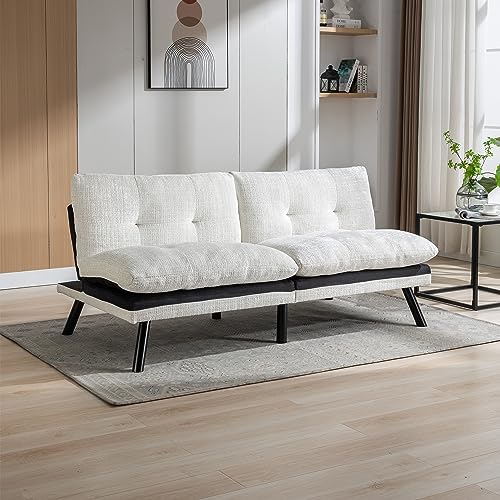 Futon Sofa Bed,Modern Convertible Sofa Bed,Folding Loveseat Sleeper Sofa,Breathable Futon Couch Bed with Adjustable Backrest&Metal Legs for Compact Small Spaces, Apartment,Dorm,Office (Creamy White)