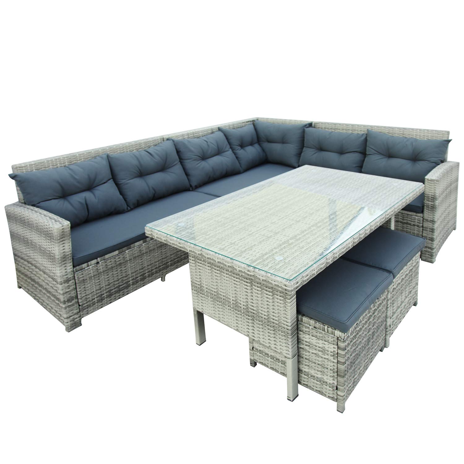 Merax Patio Dining Sets, PE Rattan Sectional Outdoor Patio Furniture Wicker Sofa with 2 Stools, Tempered Glass Table & Cushions, Grey+Dark Grey