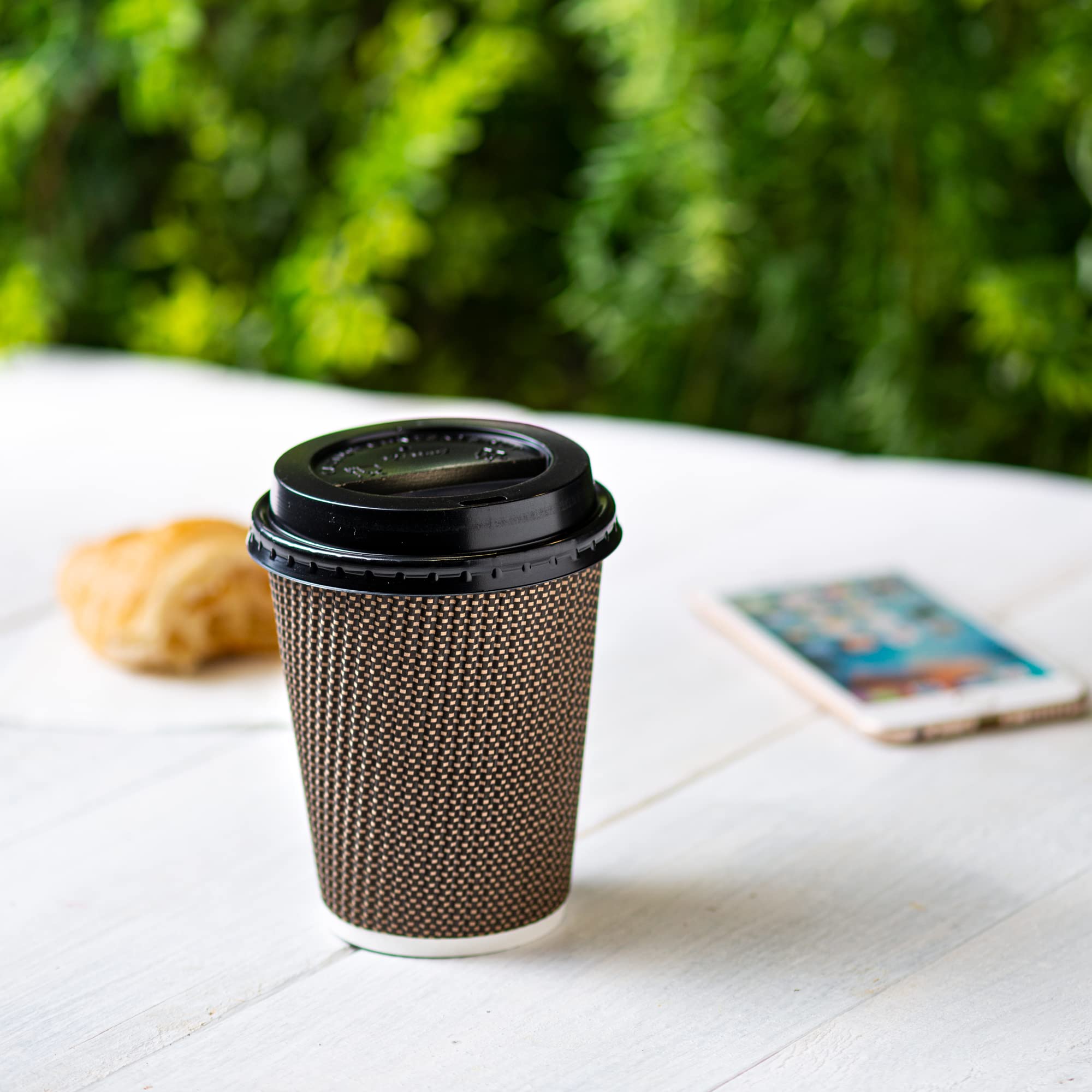 Comfy Package [12 oz. - 50 Sets Insulated Brown Patterned Ripple Paper Hot Coffee Cups With Lids (Lids Color May Vary) - Ideal for Hot Beverages, Travel, and Office Use
