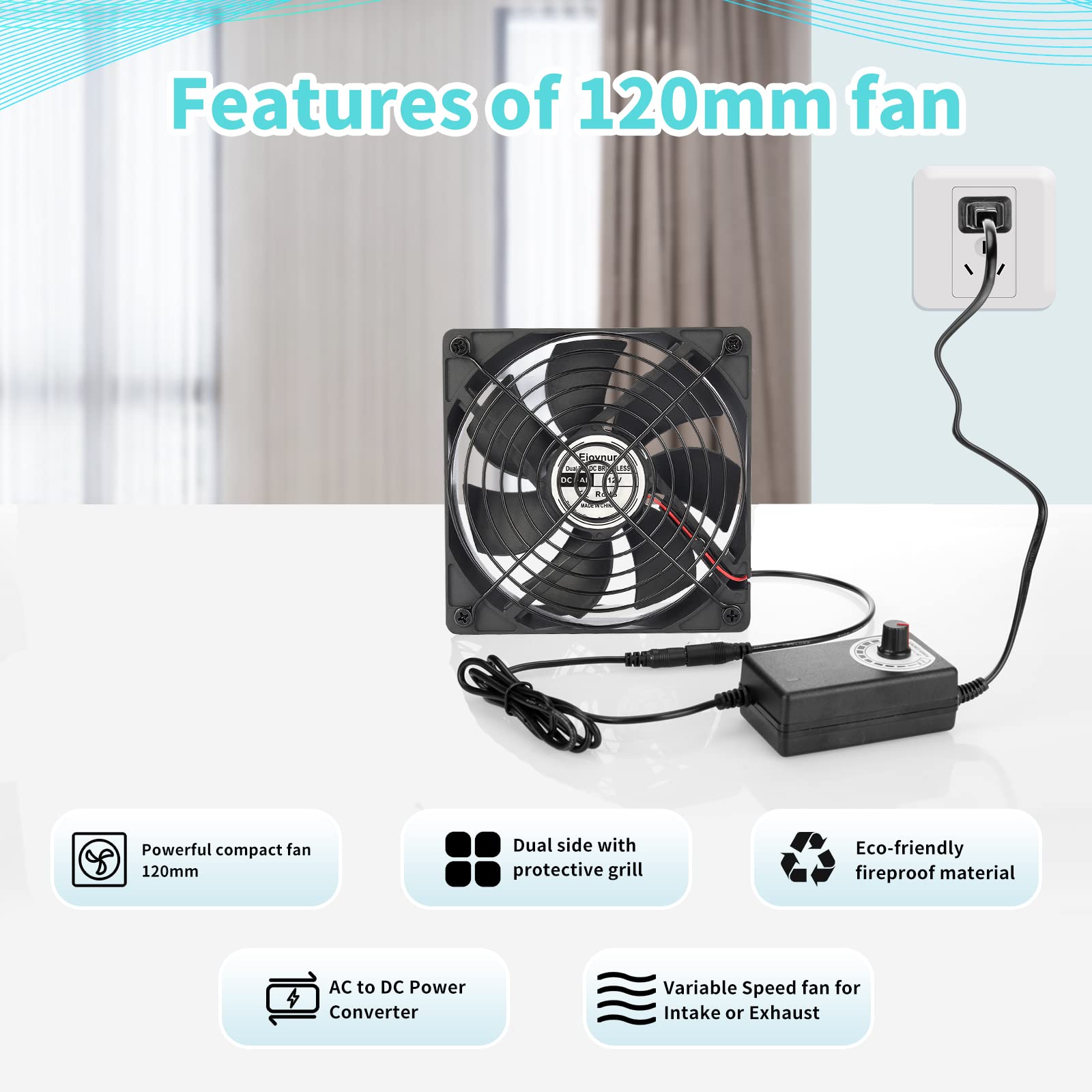 Eiovnur Computer Fan with AC Plug, Variable Speed Fan, 120mm AC Fan 110V 120V 220V 240V, for Terrarium Receiver Amplifier Xbox DVR Component Cooling