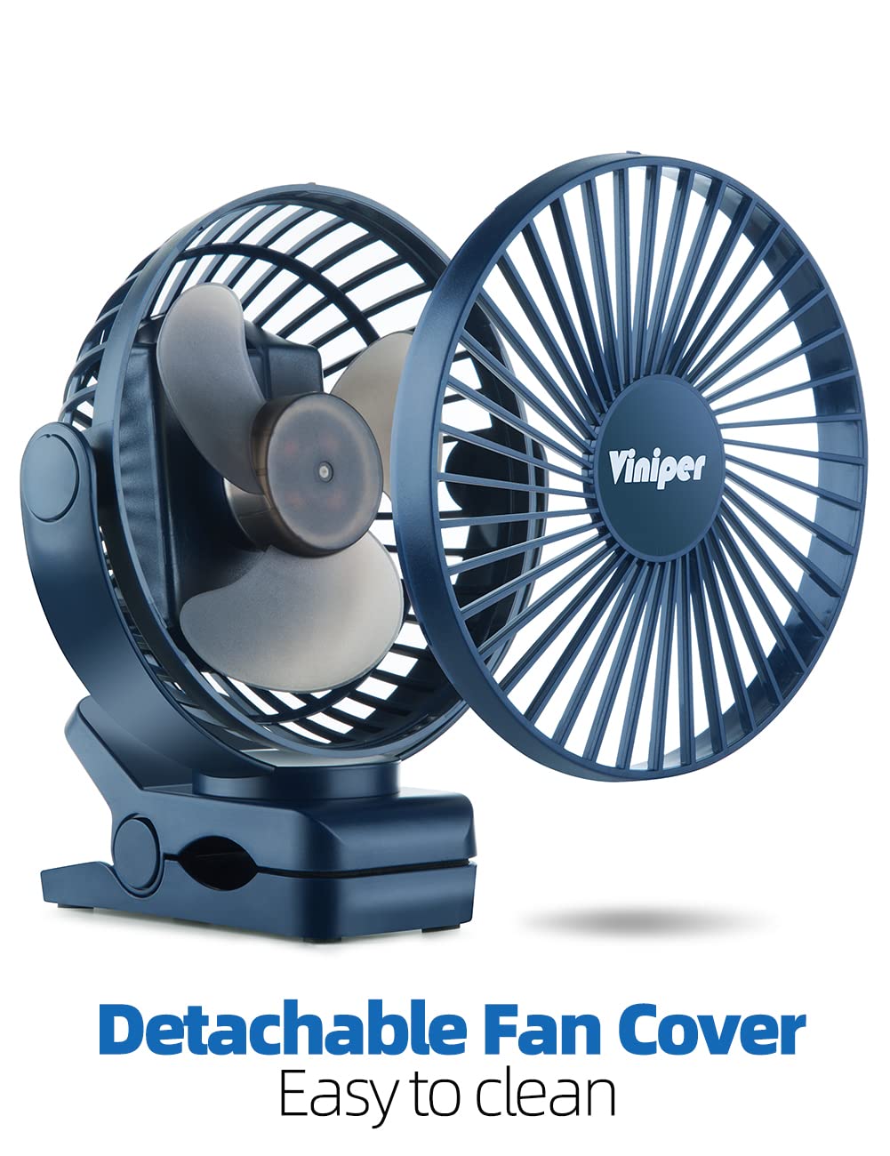 Viniper 6 inch Rechargeable Clip on Fan, 5000mah Battery Desk Fan : 360° Rotation & 3 Speeds Strong Wind Portable Fan, 8-30 Working Hours, Quiet and Powerful (Blue)