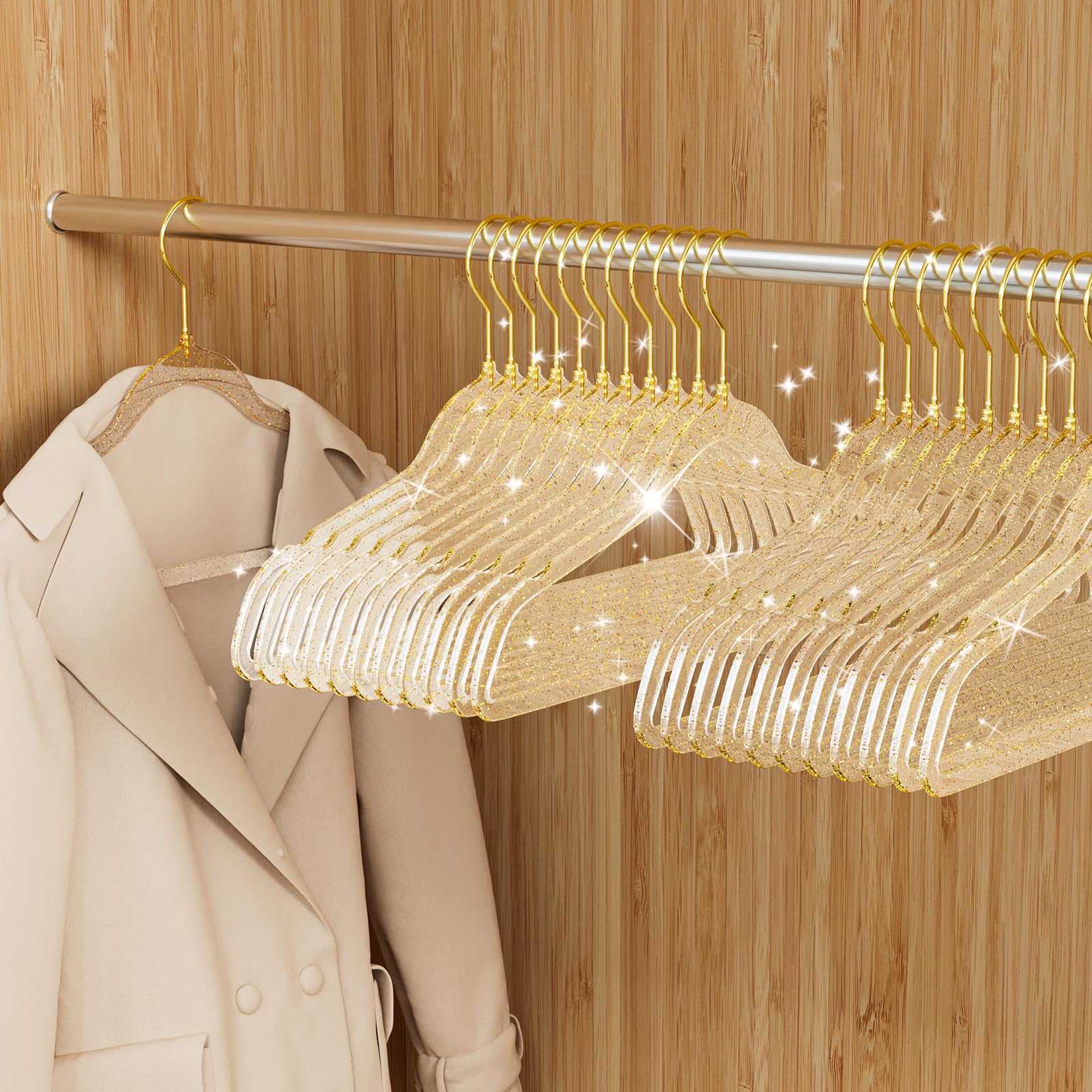 UEAKPIC 50 Pack Clear Plastic Hangers with Gold Glitter, Acrylic Hangers Ultra Slim & Space Saving Suit Hangers for Coats, Pants & Dress Clothes