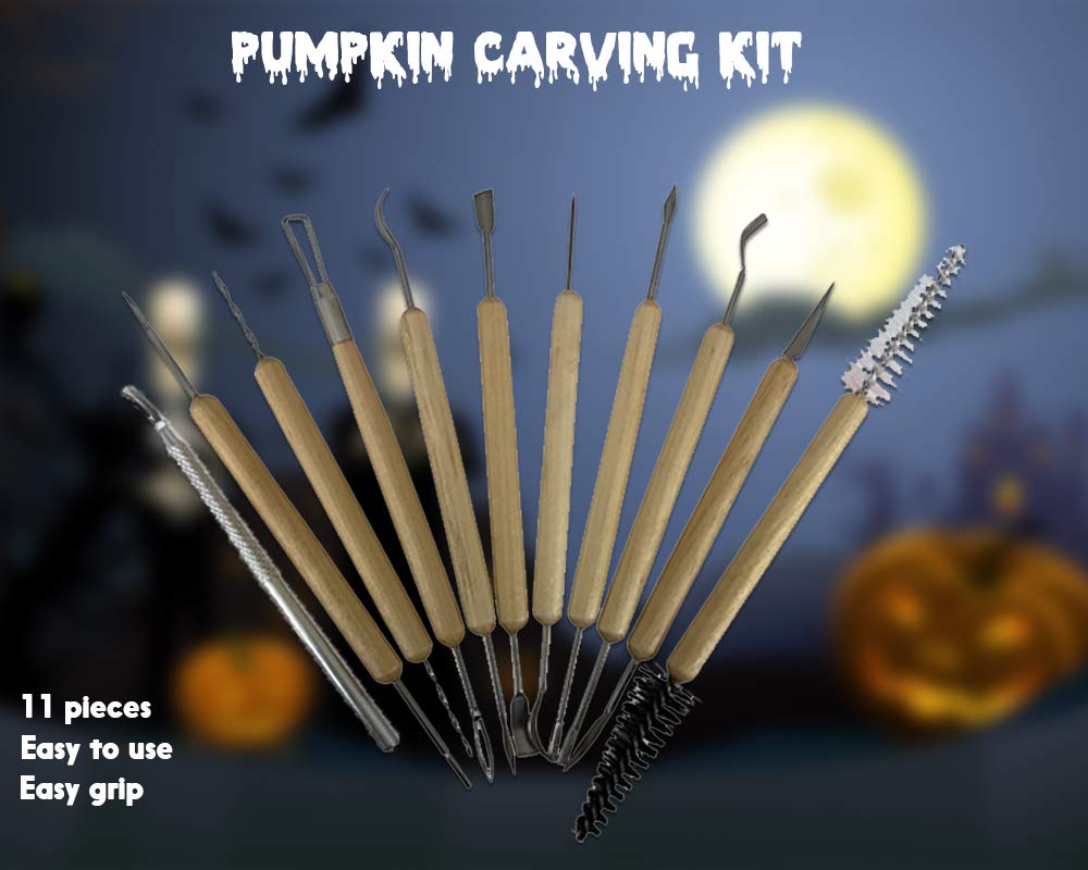 Halloween Pumpkin Carving Tool Kit – Heavy Duty Knife Sets Jack-O-Lantern Halloween Sculpting, Decorating Carve for Kids & Adults, 11 Double Sided Pieces with 21 Tools
