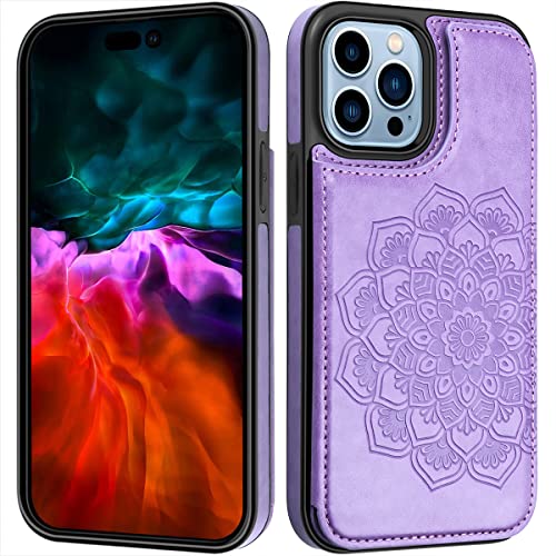 MMHUO for iPhone 14 Pro Max Case with Card Holder, Flower Magnetic Back Flip Case for iPhone 14 Pro Max Wallet Case for Women, Protective Case Phone Case for iPhone 14 Pro Max,Purple