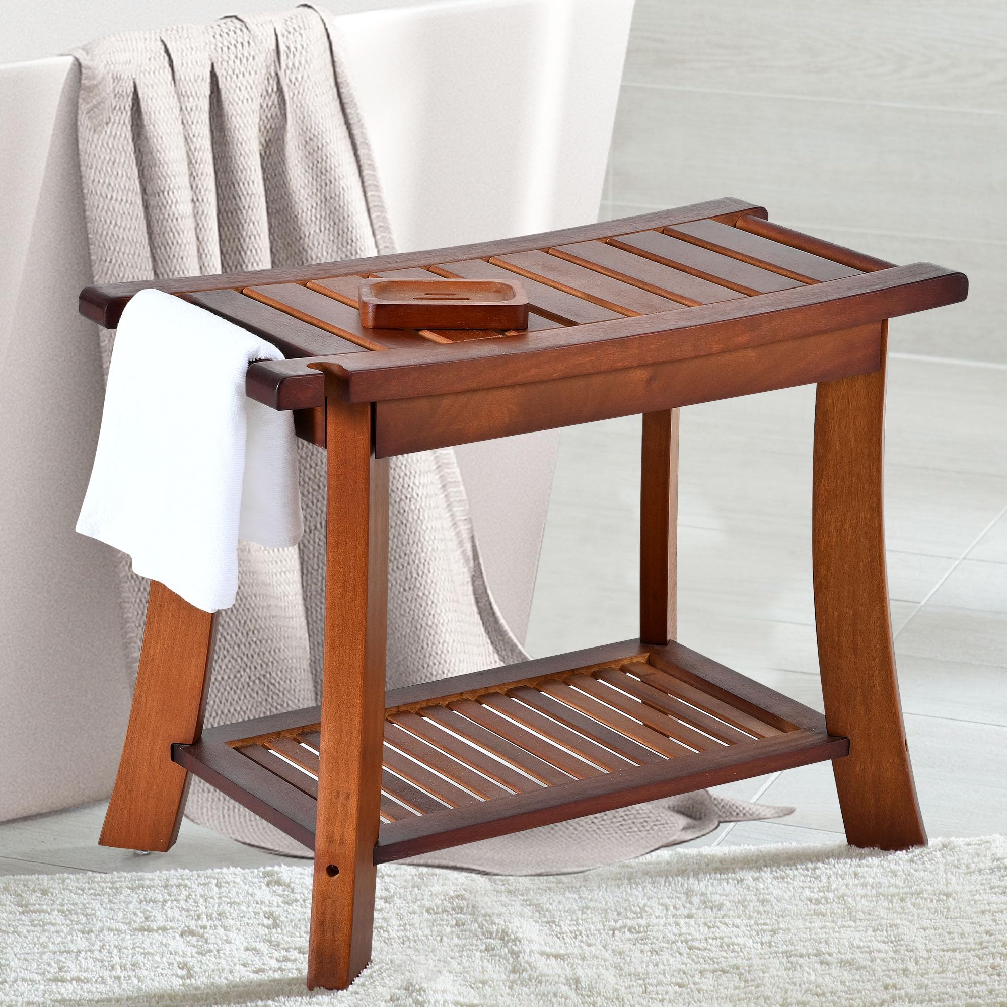 Jekruiet Teak Shower Chair Stool, 24 Inch Shower Bench Seat, Wooden Bathroom Bench with Storage Shelf for Adults, Elderly, Disabled Indoor & Outdoor Use