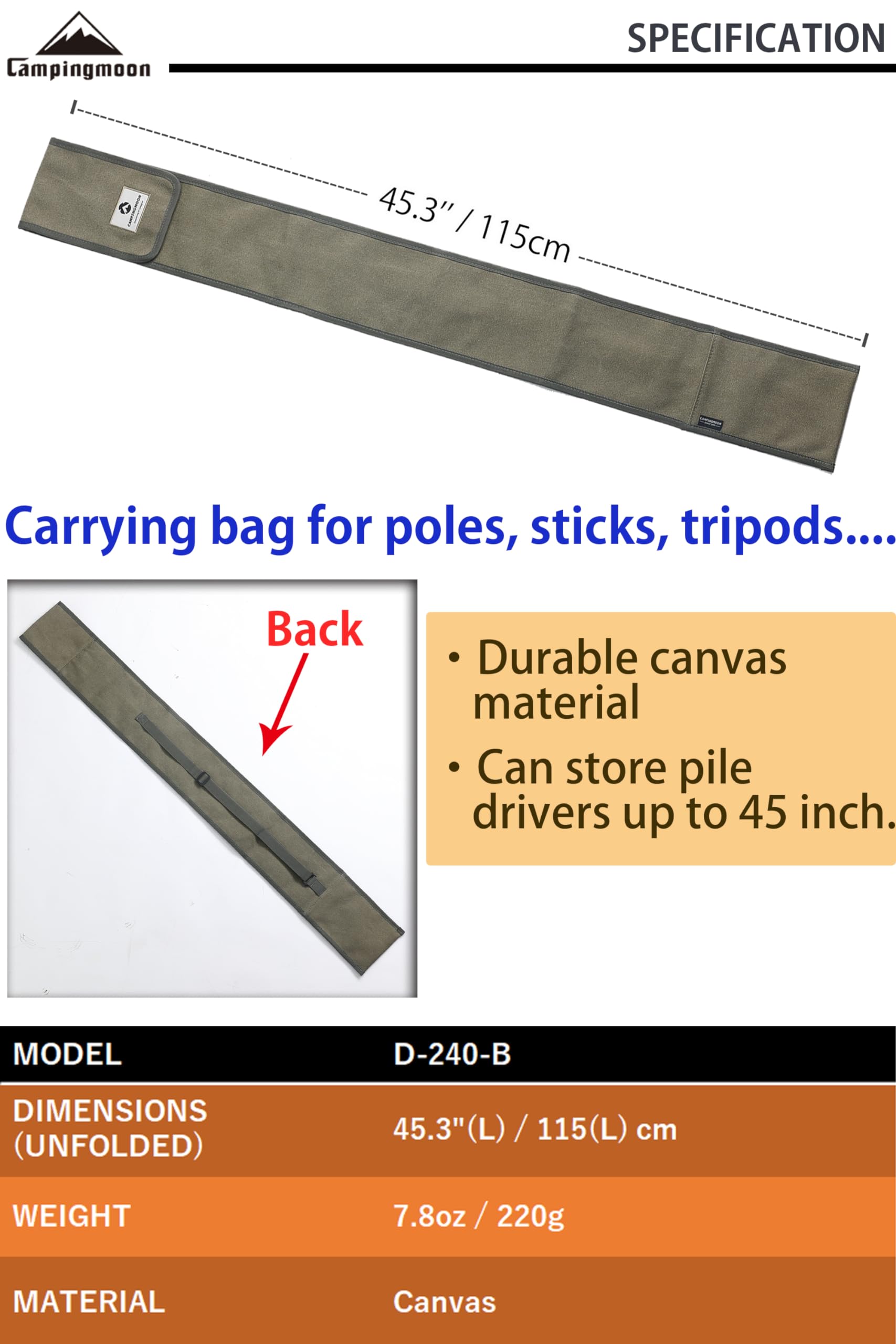camping moon CAMPINGMOON Canvas Pole Pile Driver Case Carrying Bag Tripod Stand Storage Case D-240B