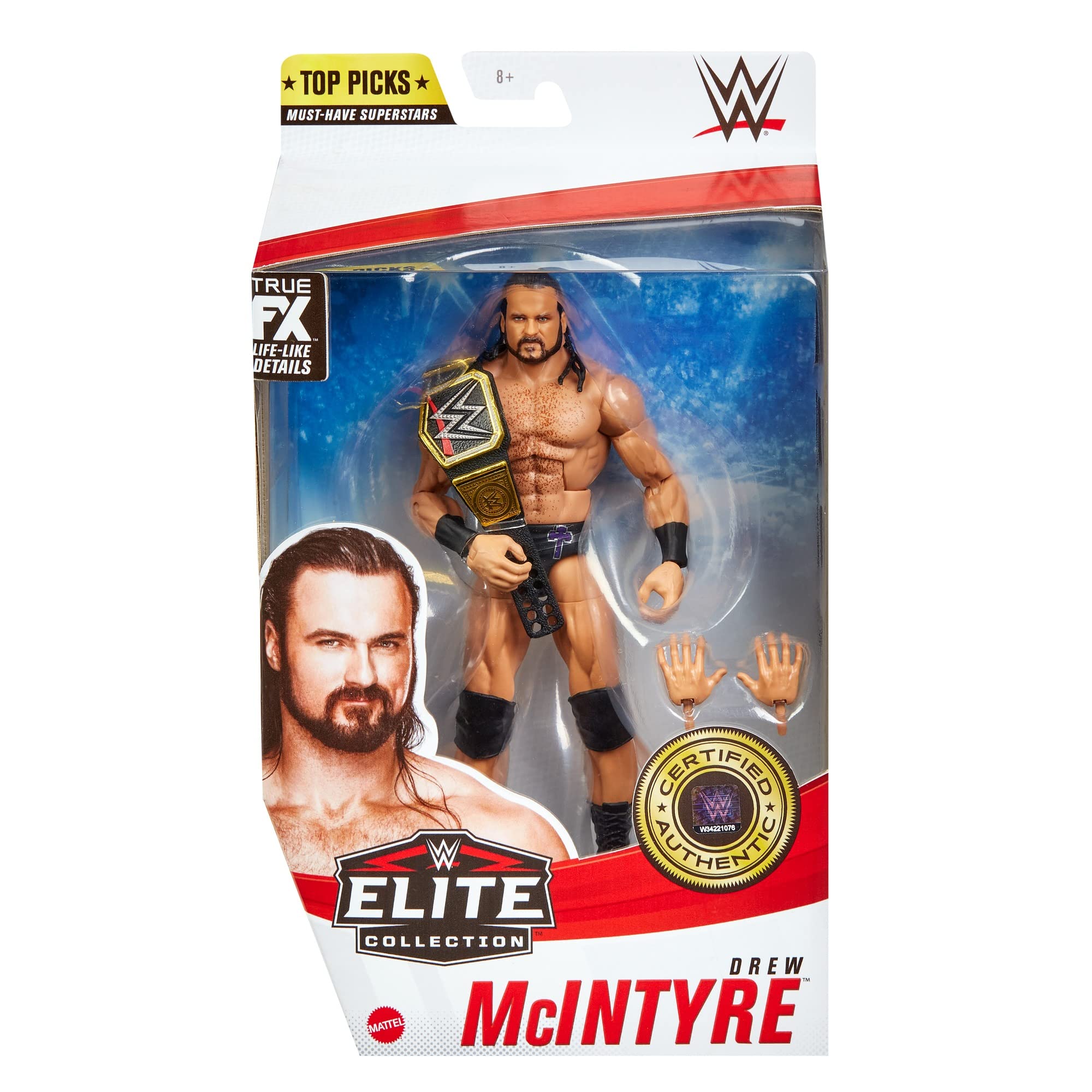 WWE MATTEL Top Picks Elite Drew McIntyre 6-inch Jeff Action Figure with Deluxe Articulation for Pose and Play, Life-like Detail, Authentic Ring Gear & Accessory,Multi,GVC02