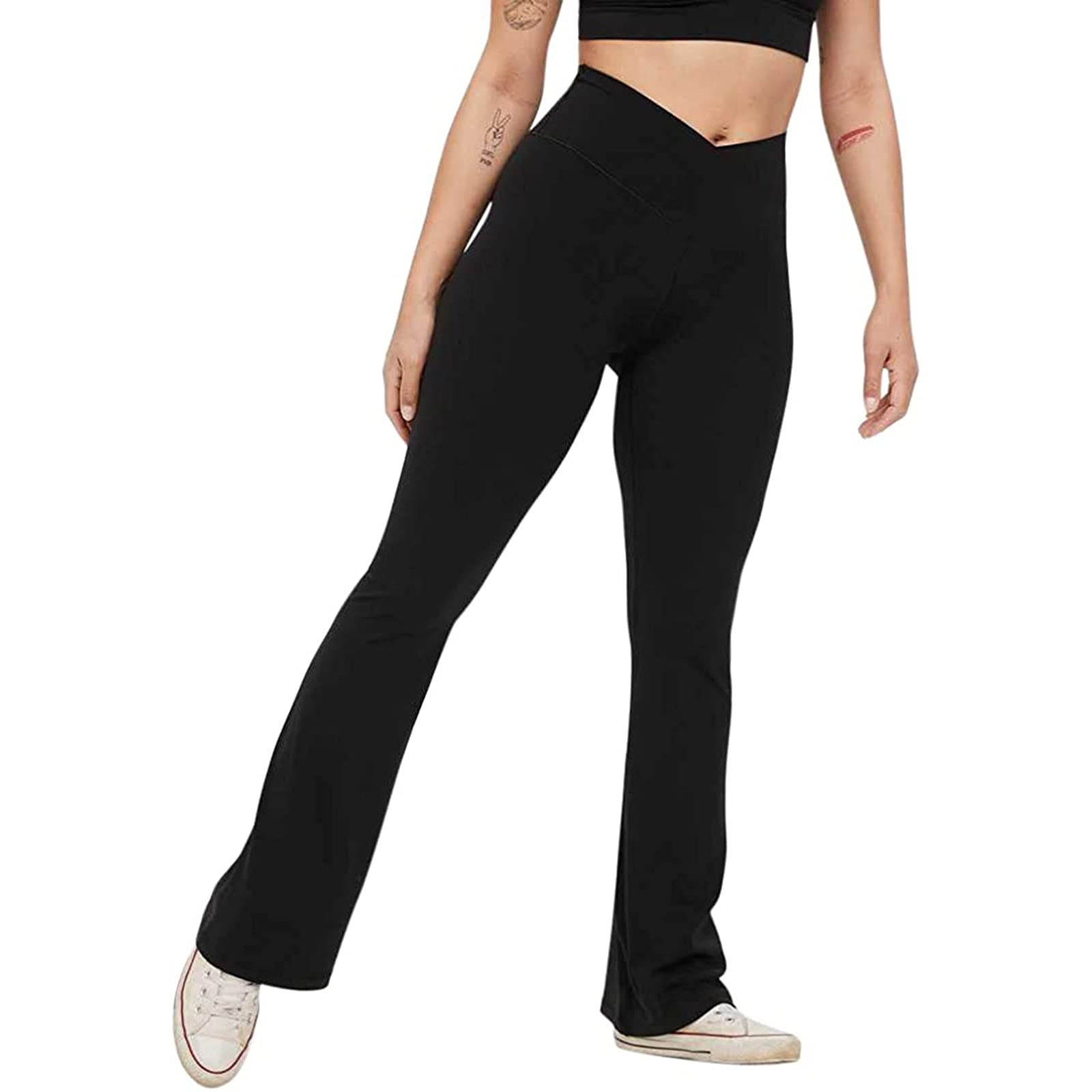 Crossover Flare Yoga Pants for Women High Waisted Bootcut Workout Leggings Stretch Bootleg Casual Pants with Pockets