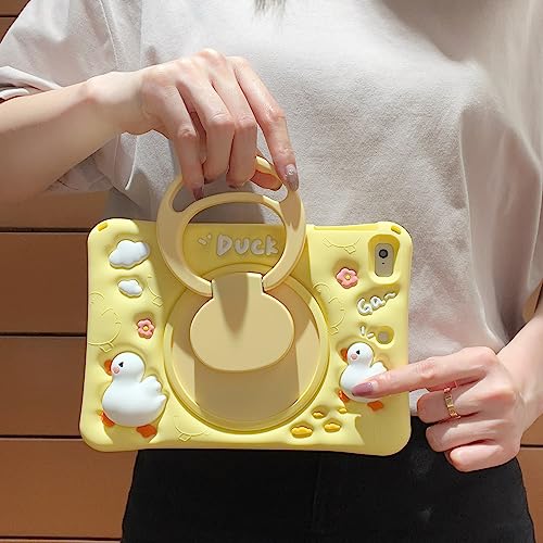 Premium Cute Soft Silicone Yellow Duck Kawaii Pattern Tablet Case with Built-in Foldable Kickstand and Lanyard Shockproof Cover Case for iPad Air 4 2020 10.9"