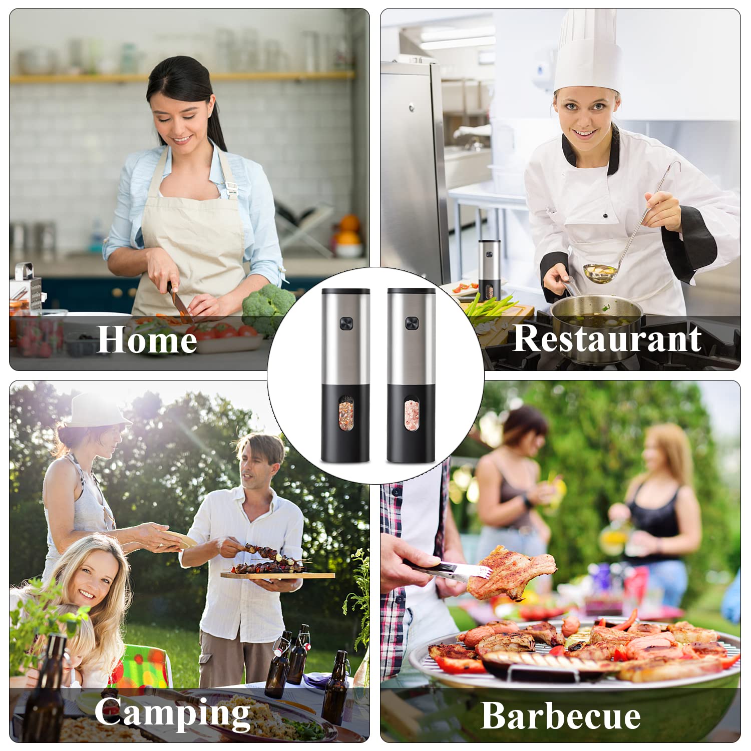 Electric Salt and Pepper Grinder Set, Automatic Pepper Mill with LED Light, Adjustable Coarseness, Battery Powered, One Hand Operated Refillable for Kitchen Resturant BBQ, Stainless Steel Black,2 Pack