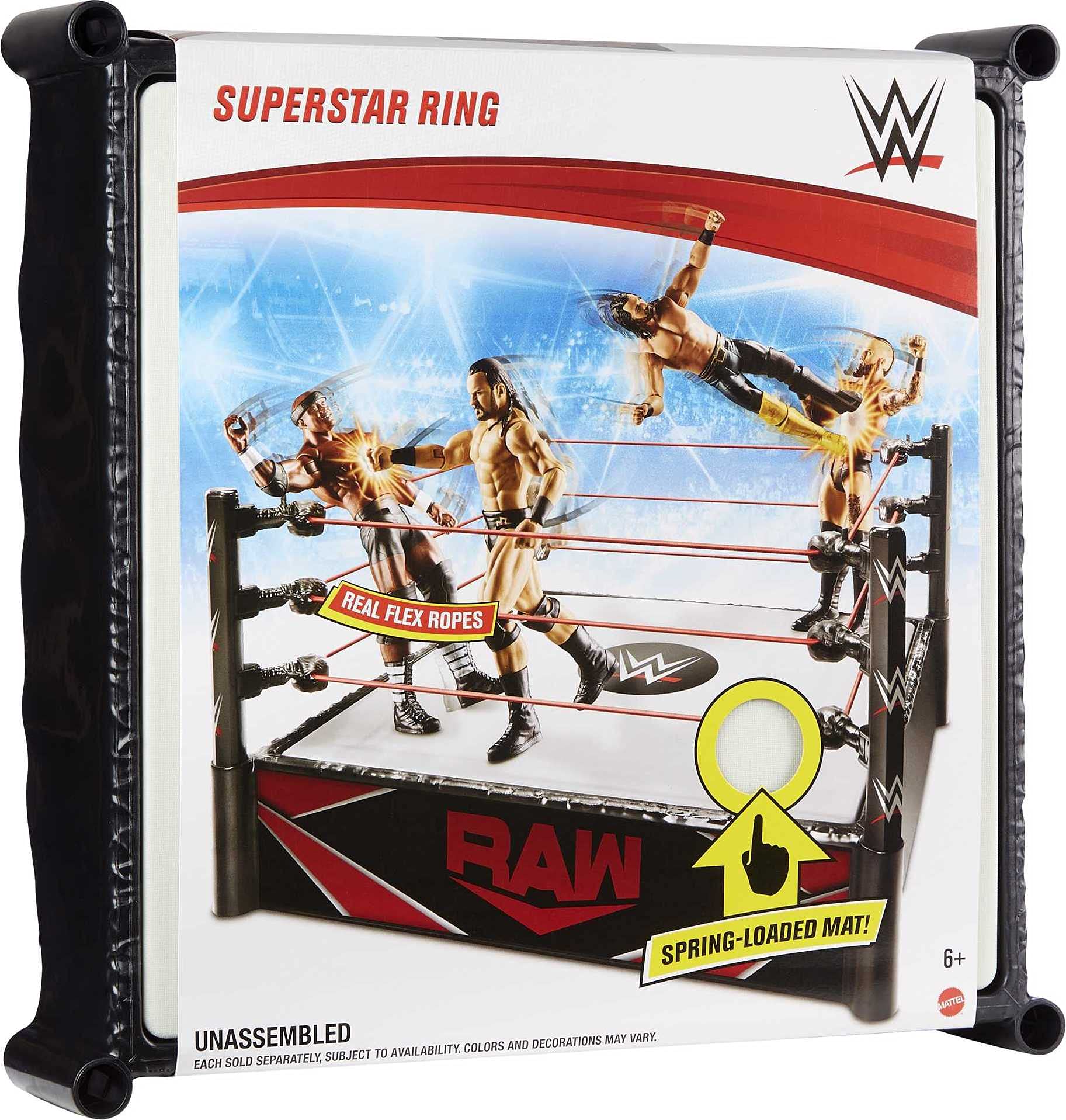 WWE Superstar Ring (14 in) with Spring-Loaded Mat & Real Flex Ropes for Action Figures; Gift for Ages 6 Years Old & Up