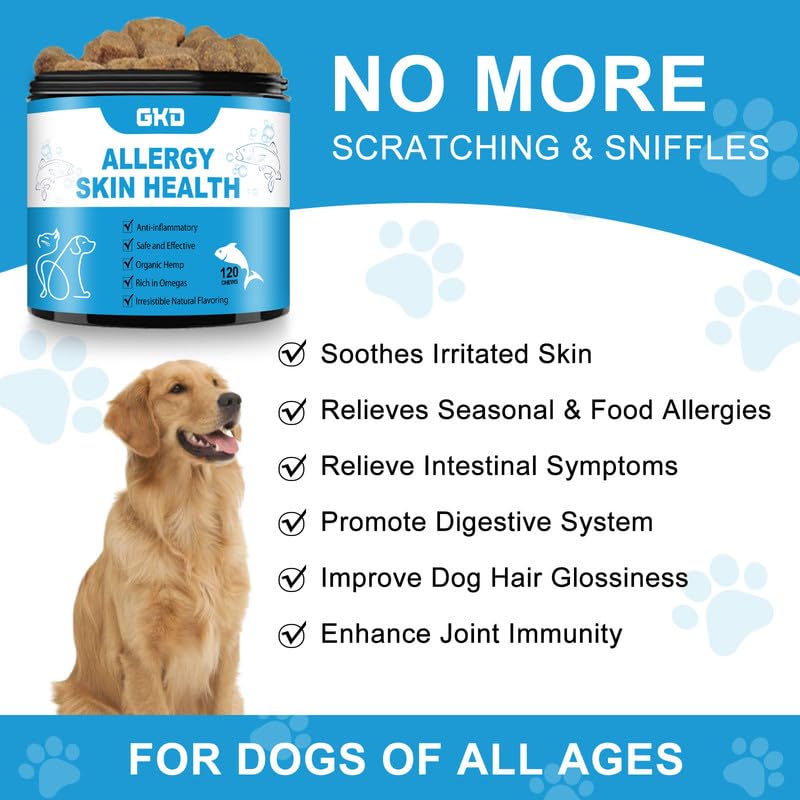 GKD Dog Allergies Relief - Trusted Formula, Allergy Itch Relief, Fish Oil Soft Chews, Helps Reduce Normal Shedding, Probiotics for Healthy Skin & Coat