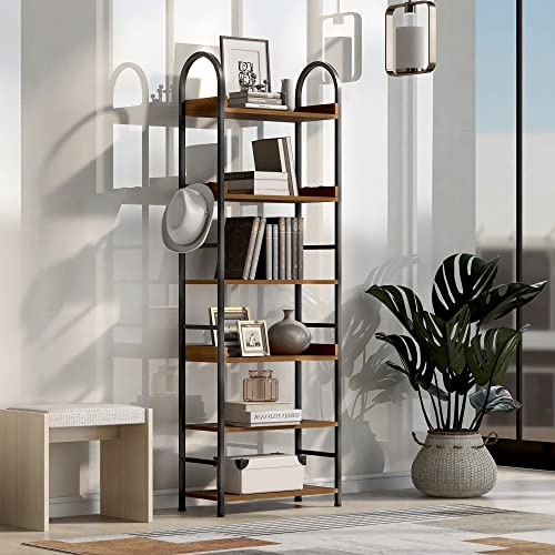 Merax 6 -Tier Tall Bookshelf Bookcase, Open Industrial Open Storage and Display Shelves with Hooks