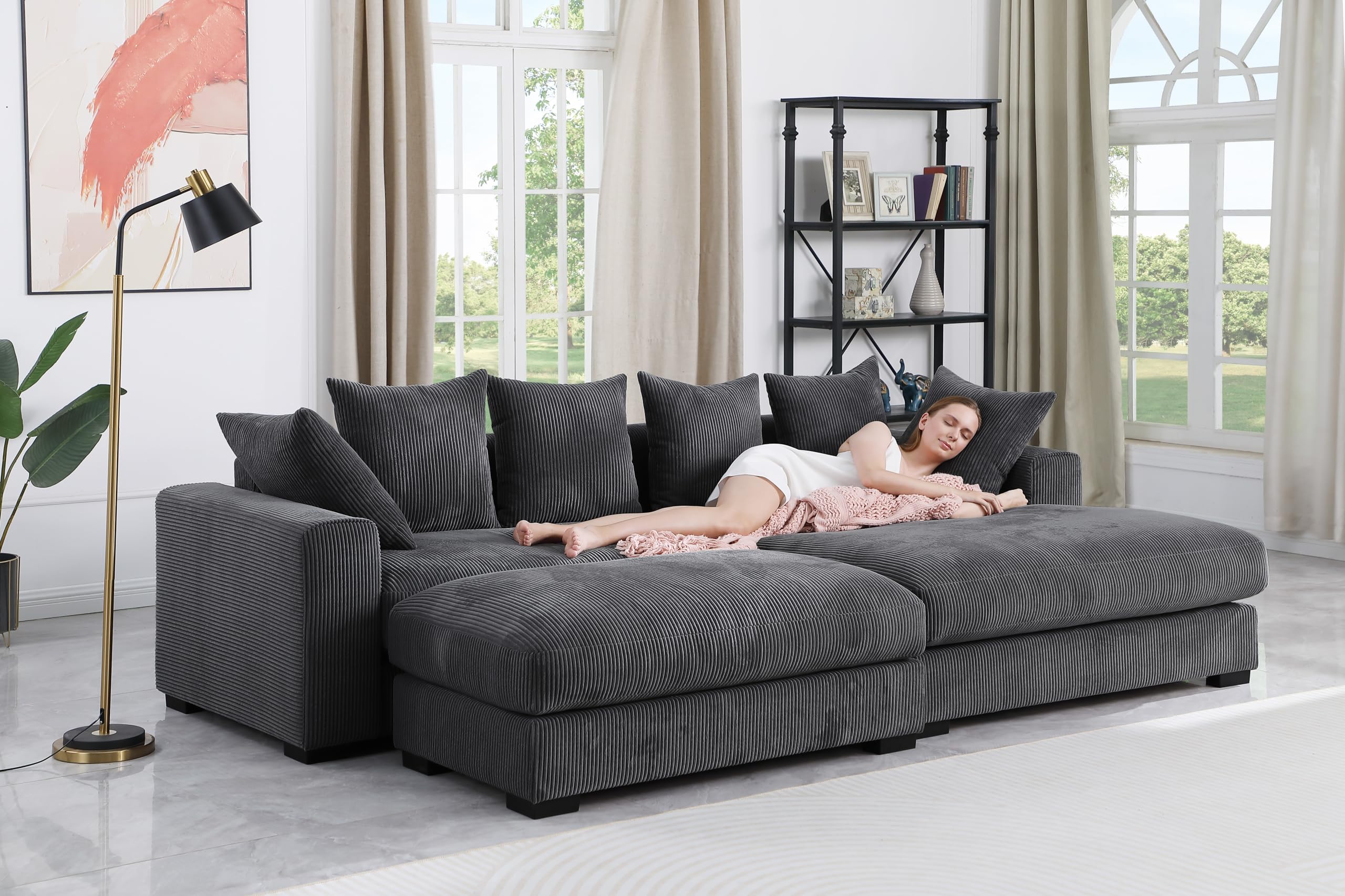 ERYE Oversized 3-Piece Right Facing Sectional Sofa Couches W/Ottoman for Living Room, 109.75-Inch L Shaped Corduroy Upholstered Convertible Sofa&Couch with Left Chaise Daybed and 6 Pillows