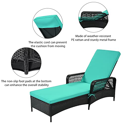 DHHU Foldable Chaise Sun Lounger Terrace, Outdoor Rattan Lounge Chair, Adjustable Back Recliner, (2 Set), Black Wicker/Green Cushion
