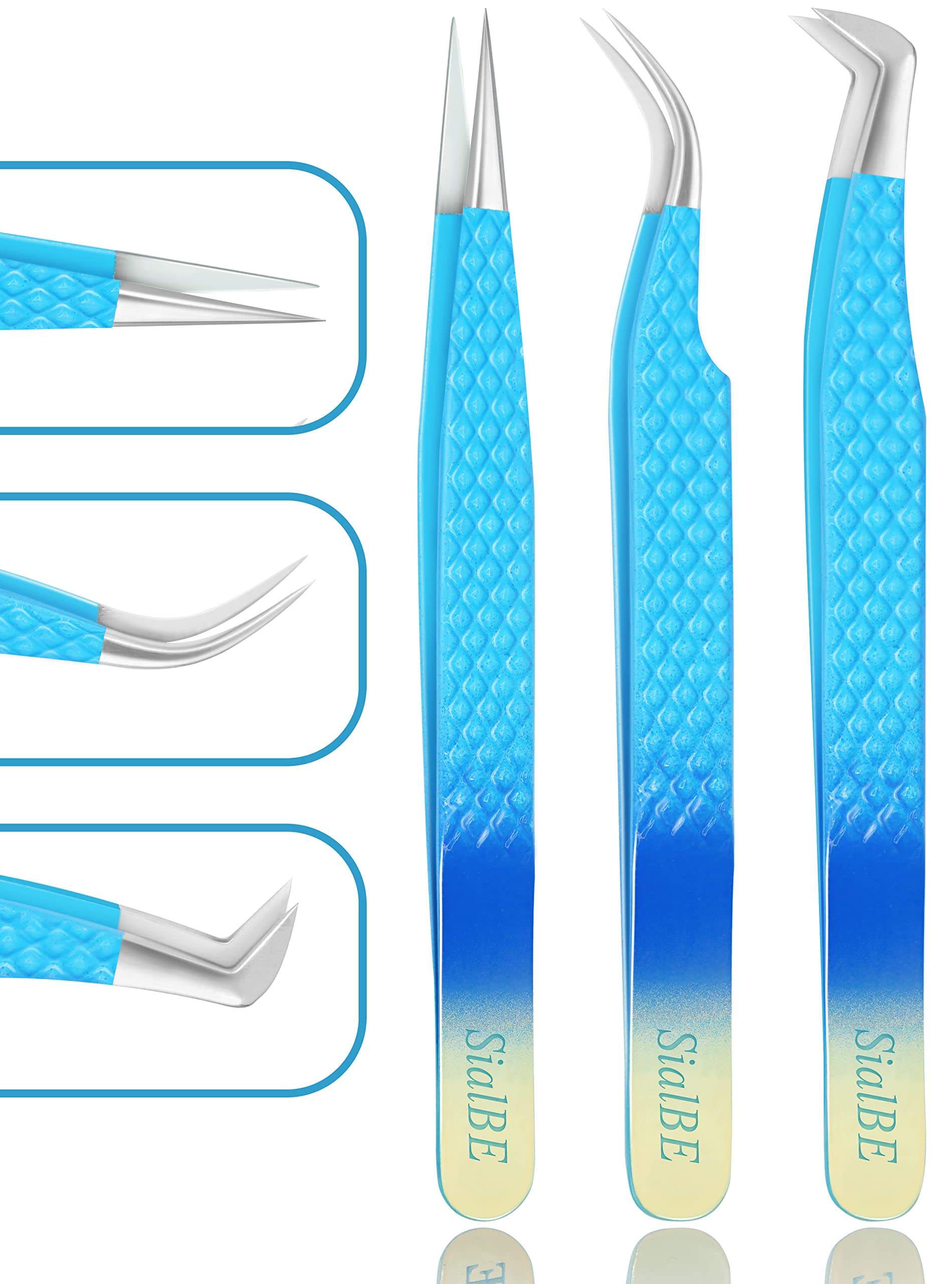 Eyelash Extension Tweezers-3 Pcs Diamond Grip Lash tweezers For Eyelash Extensions-SialBE Straight And Curved L-Shape Eyelash Tweezers, Tweezers For Eyelash Extensions With Silver Tip
