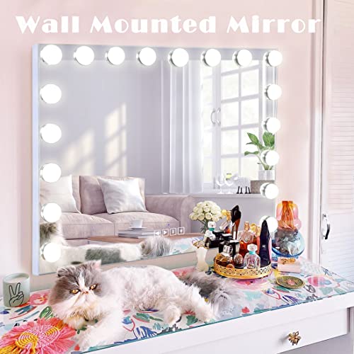 COOLJEEN Large Hollywood Beauty Vanity Mirror with Lights 18 LED Bulbs 3 Color Lighting Modes Makeup Mirror with USB Charging Port & Bluetooth Speaker (White, Bluetooth)