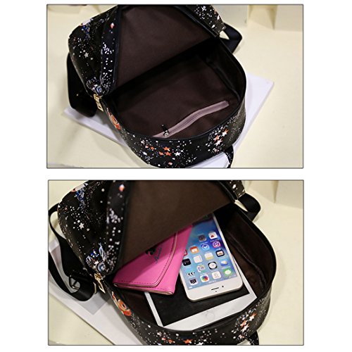 CLARA Fashion Mini Backpack Star Universe Space Printing Travel Bag PU Leather Casual Daypack Small Satchel Black