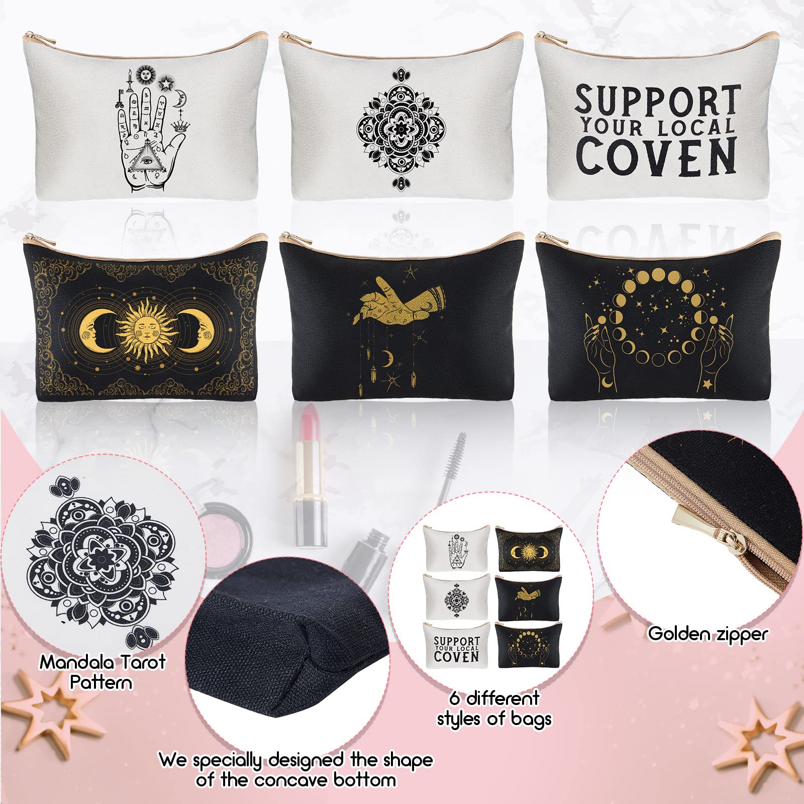 Saintrygo 6 Pcs Witchy Gifts Halloween Tarot Makeup Bag Witch Stuff Tarot Cards Phase Bag Crystals Toiletry Witch Bag Aesthetic Moon Canvas Cosmetic Makeup Bag for Witchcraft Lover Women Witch Coven