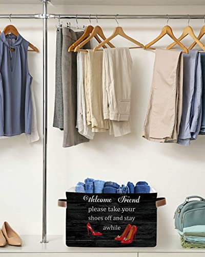 Cube Storage Bins Cloth Towel Organizer Welcome Friend Please Take Your Shoes off and Stay Awhile Red High Heels Black Wooden Fabric Collapsible Storage Baskets with Handles 1 Pack