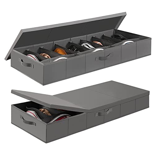 HOUSE AGAIN Under Bed Shoe Storage Organizer with Lid, Foldable Shoes Storage Bin Set of 2, Stackable Underbed Storage Containers with 2 Handles, Fits Total 22 Pairs, Dark Grey