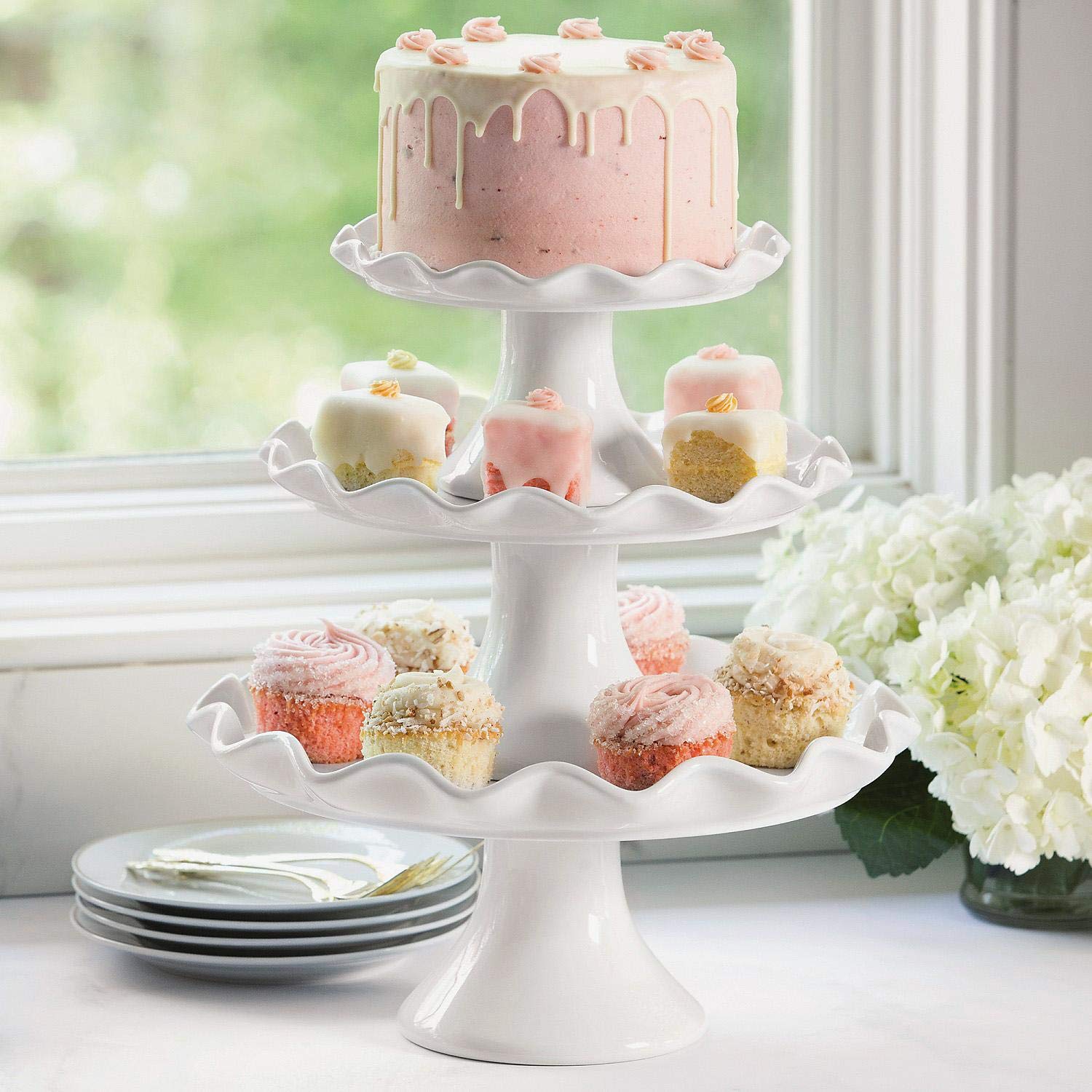 Elegant 3-Piece Ruffled Edge Cake Stand Set - Use as Cupcake Stand, Wedding Cake Stand, Dessert Stand or as a Stunning Serving Station